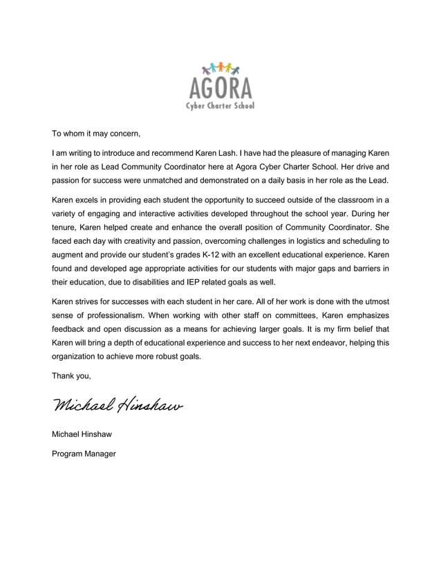 KLash Recommendation LETTER from Agora Michael Hinshaw 2016 | PDF | Free Download
