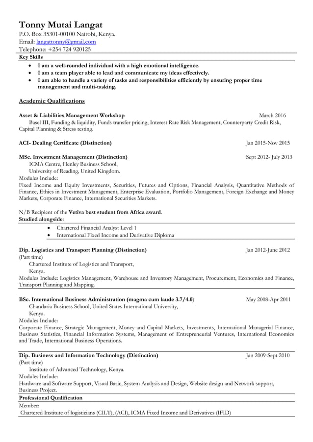 Langat Tonny Mutai C.V | PDF | Business Banking & Finance | Business
