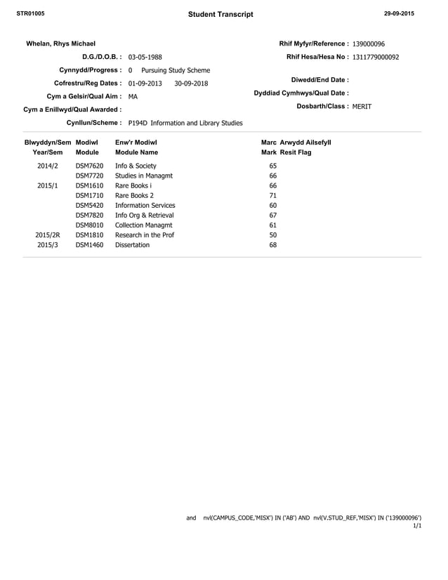 Masters Degree Transcript | PDF