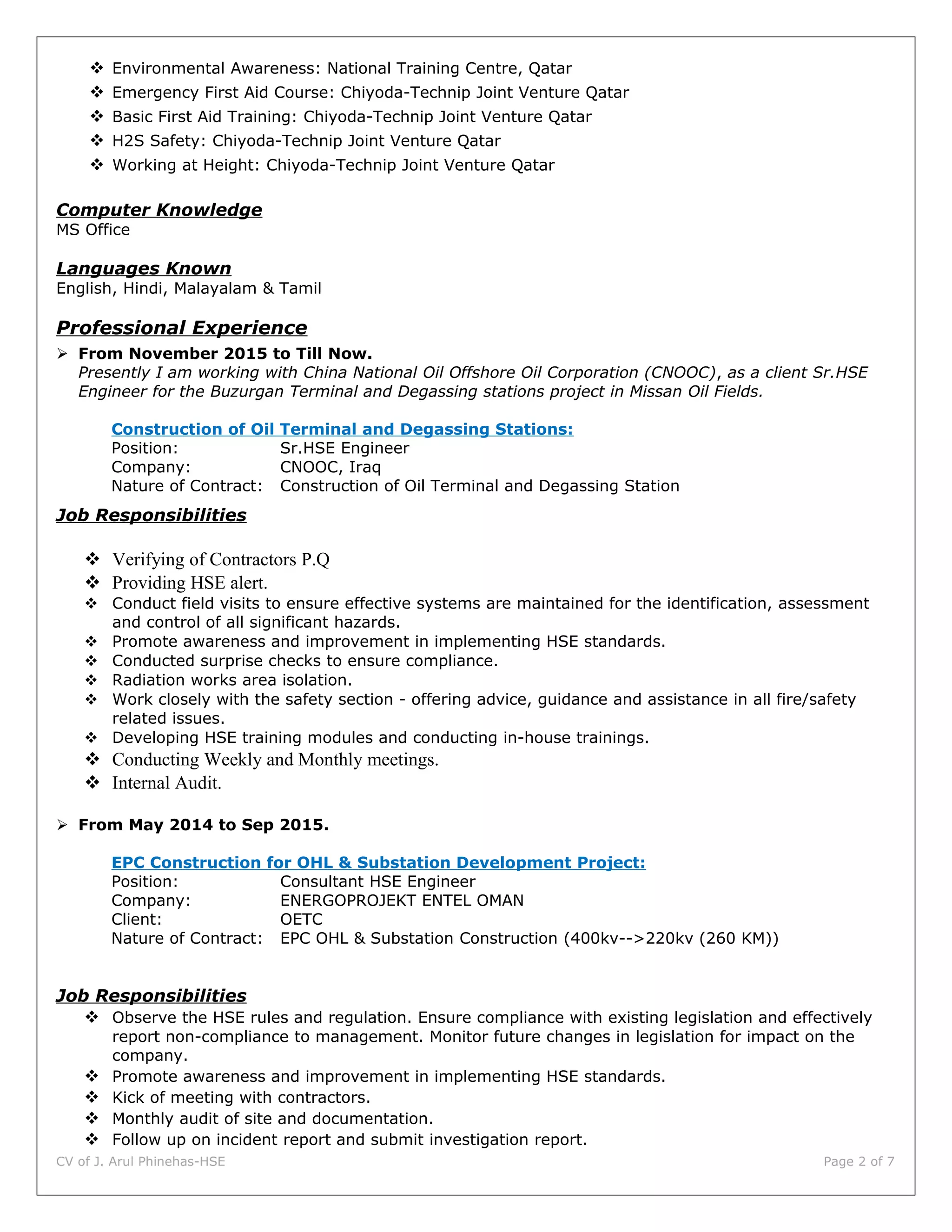 CV HSE Arul Phinehas | DOC