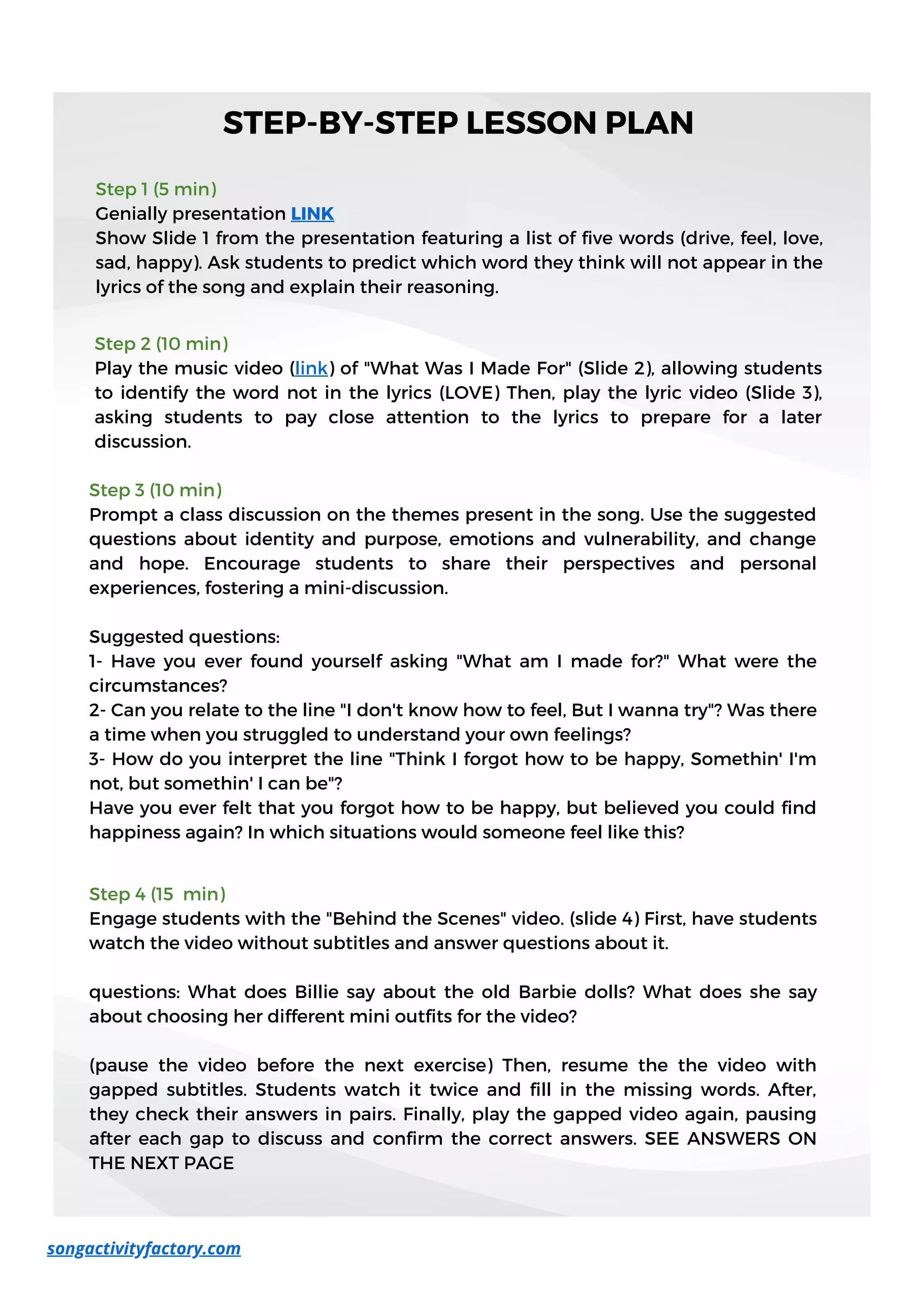 Lesson Plan: 'What Was I Made For' | PDF