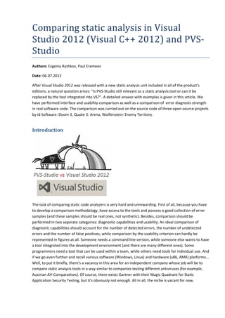 Comparing static analysis in Visual Studio 2012 (Visual C++ 2012) and PVS-Studio | PDF