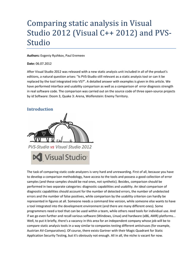 Comparing static analysis in Visual Studio 2012 (Visual C++ 2012) and PVS-Studio | PDF
