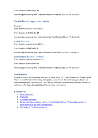 Comparing static analysis in Visual Studio 2012 (Visual C++ 2012) and PVS-Studio | PDF