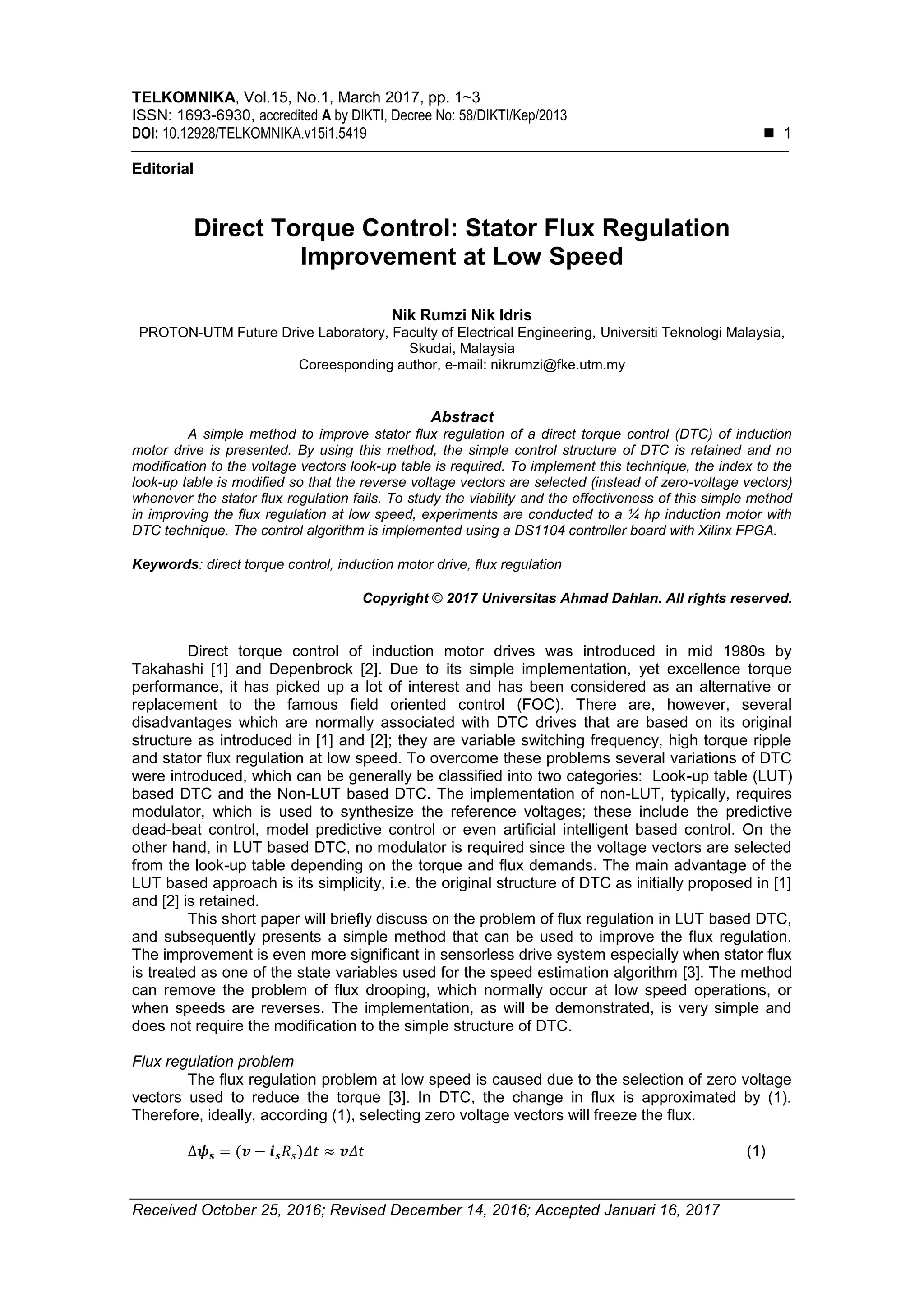 Direct Torque Control Stator Flux Regulation Improvement At Low Speed Pdf