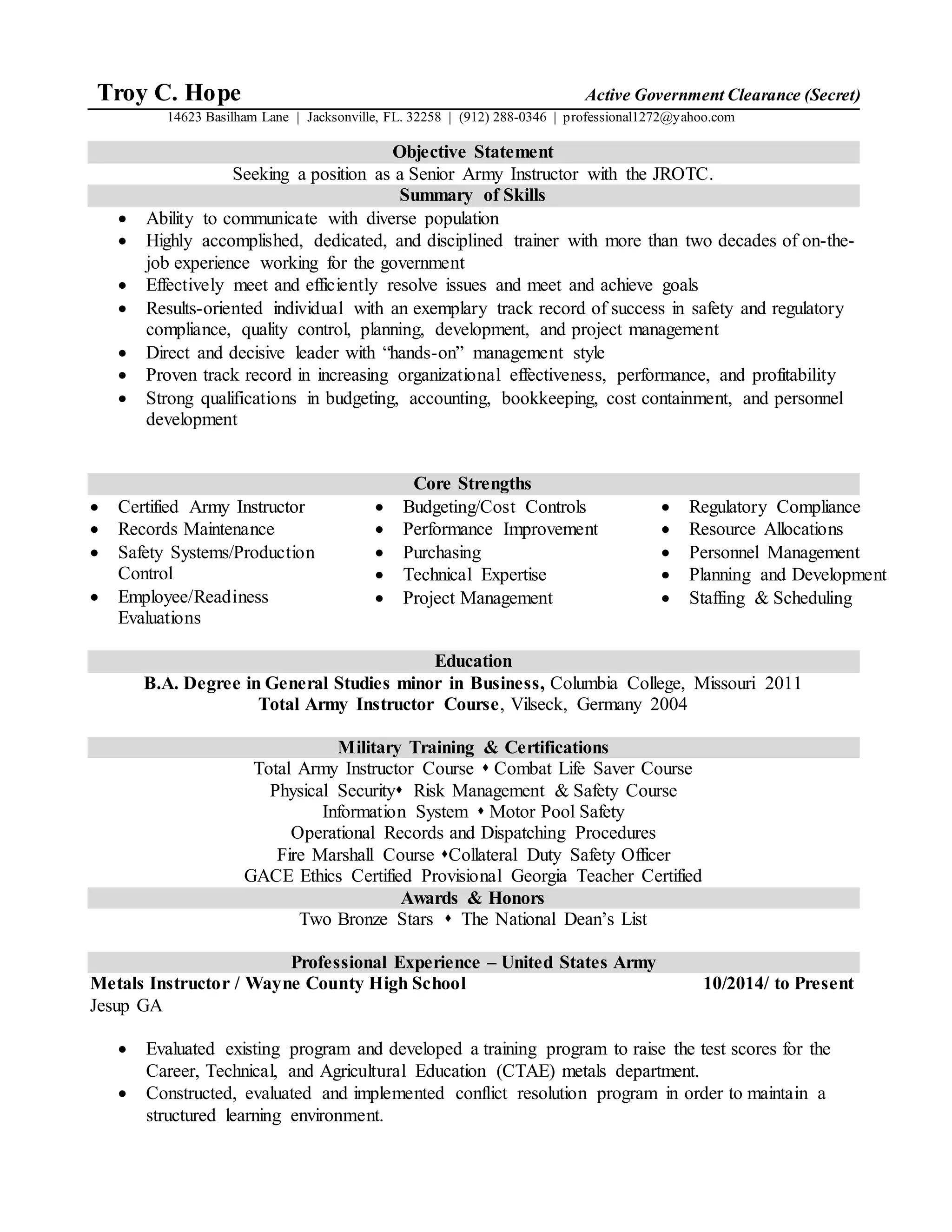 TCHope resume with JROTC | DOCX | Manufacturing Industry | Industries
