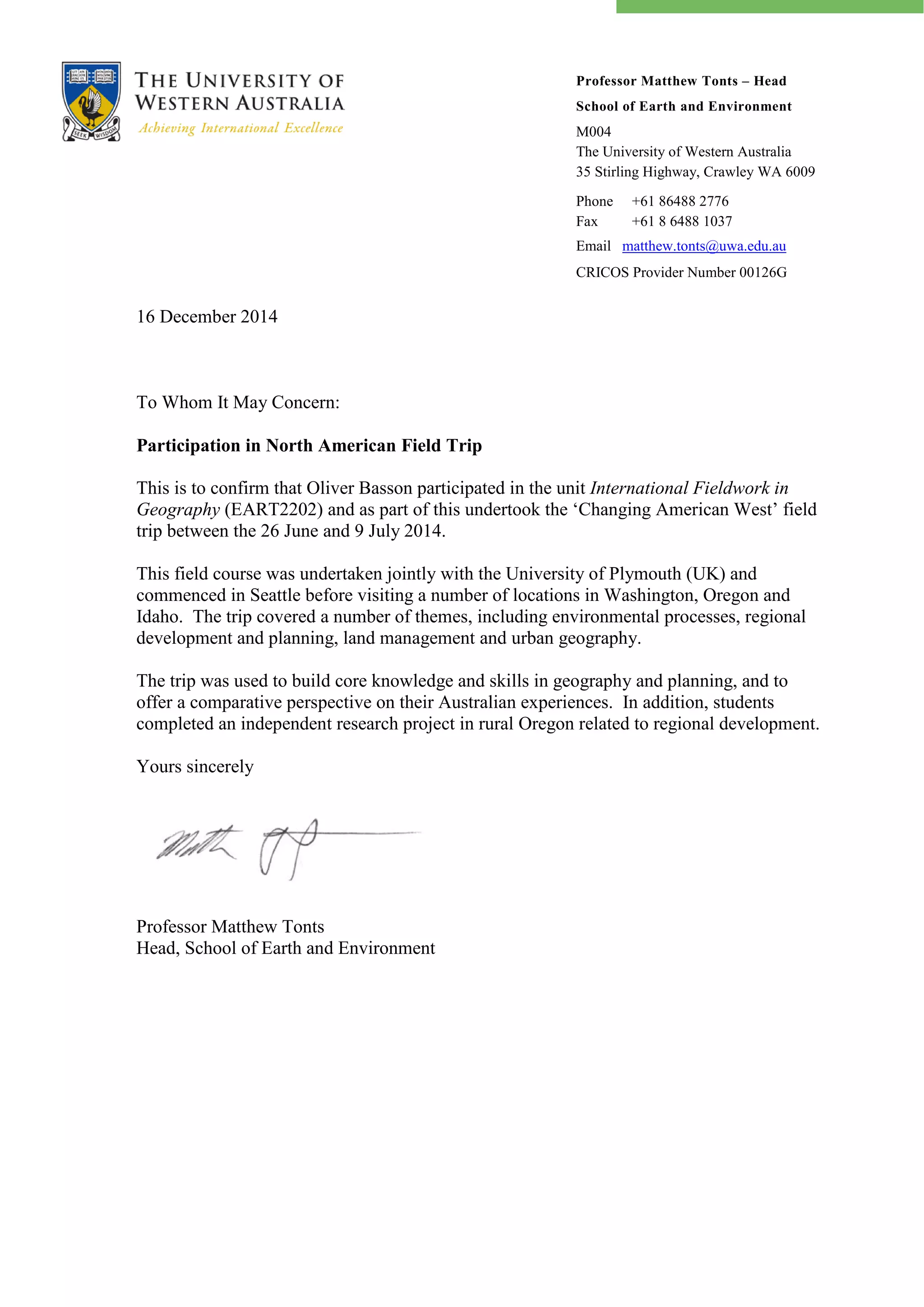 Participation Letter USA field trip | PDF