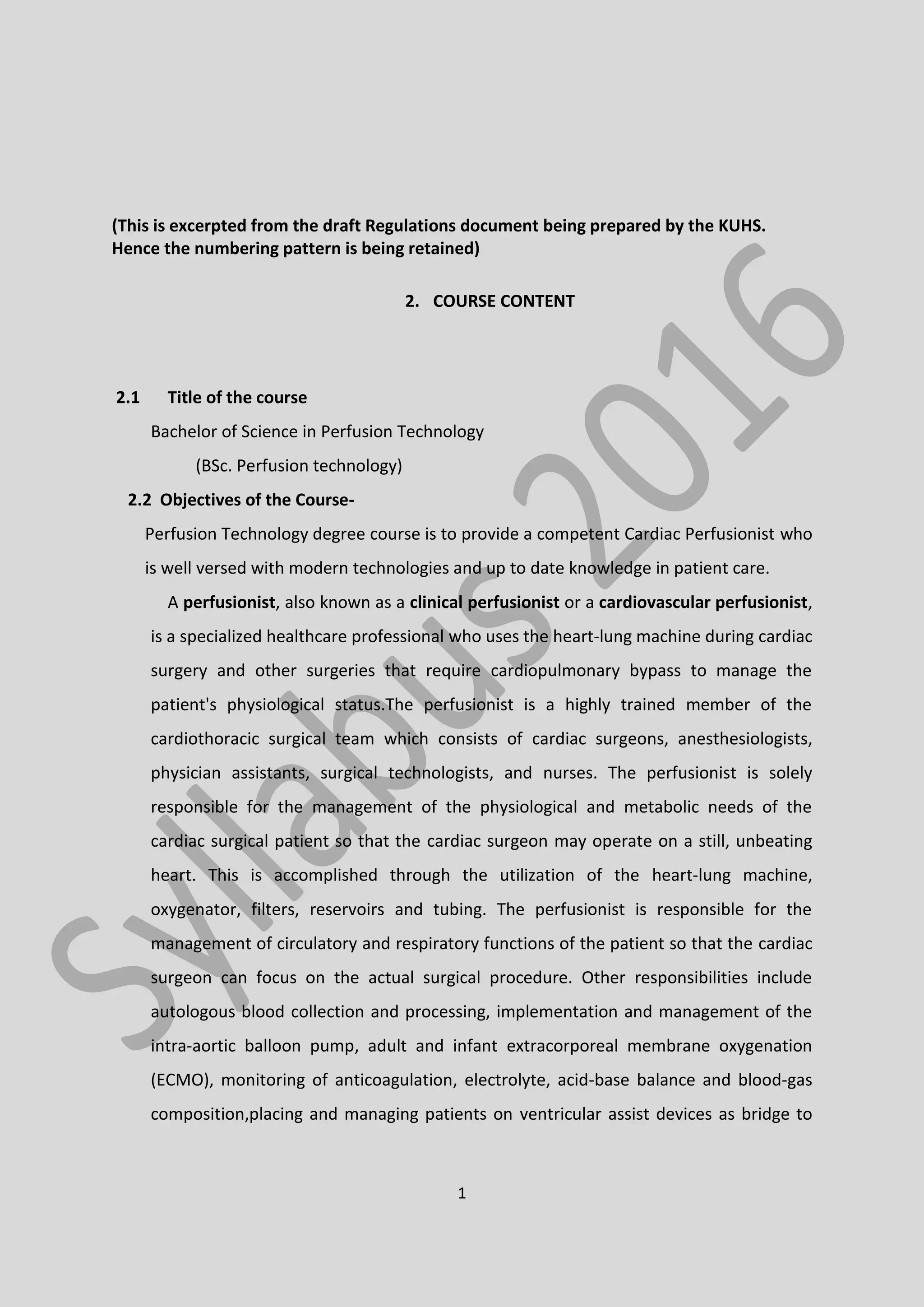 b sc perfusion technology syllabus | PDF