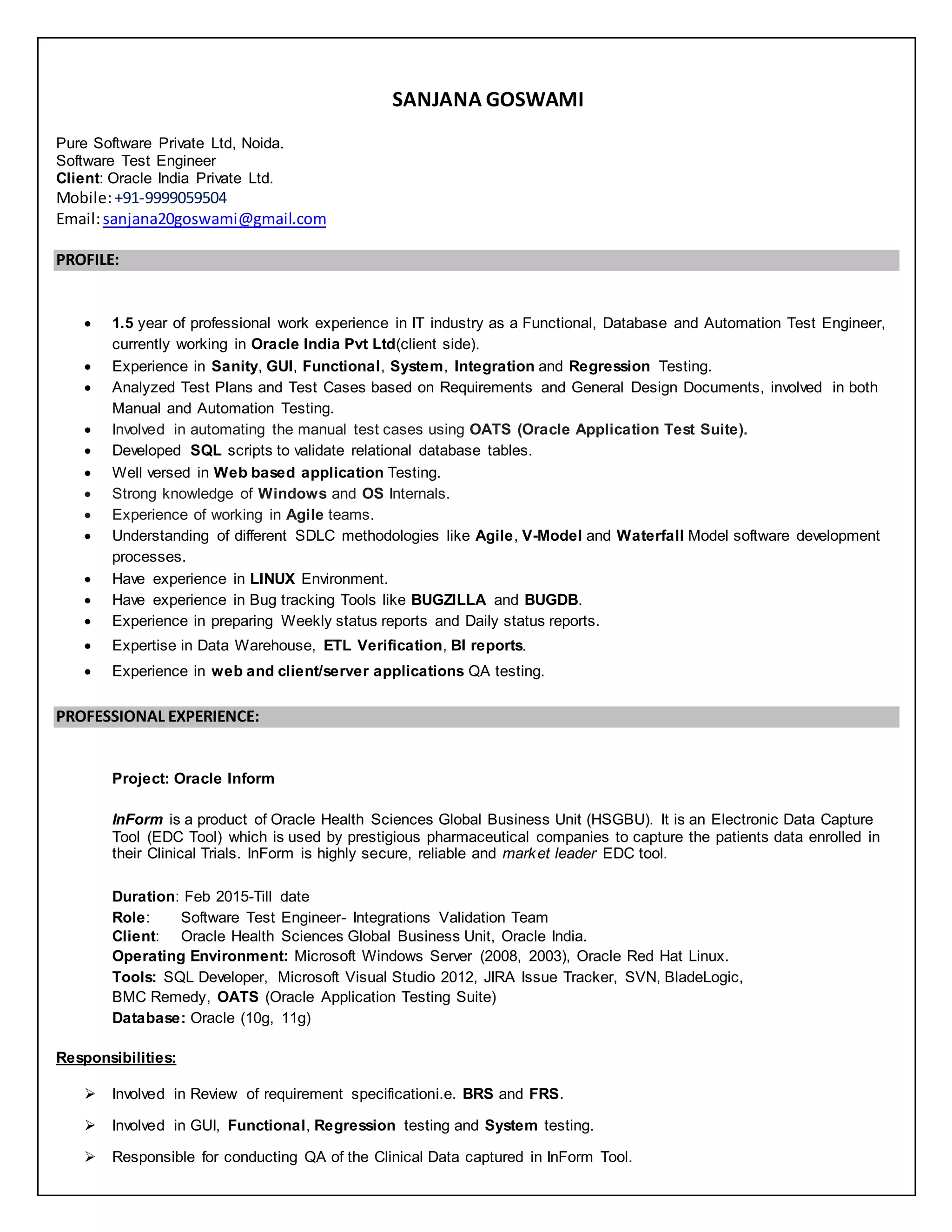 sanjana_resume | DOCX | Databases | Computer Software and Applications