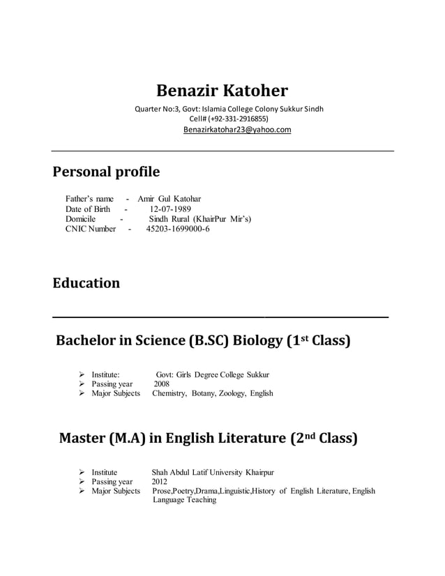 cv Benazir (1) | DOCX | Education