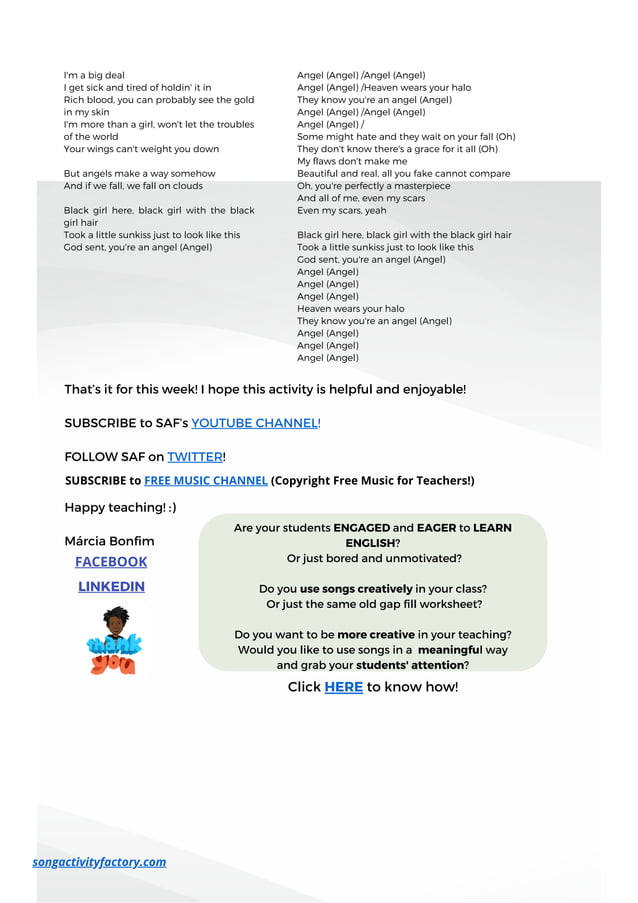 ESL Lesson: 'Angel' by Halle - Exploring Identity & Self-Acceptance | PDF