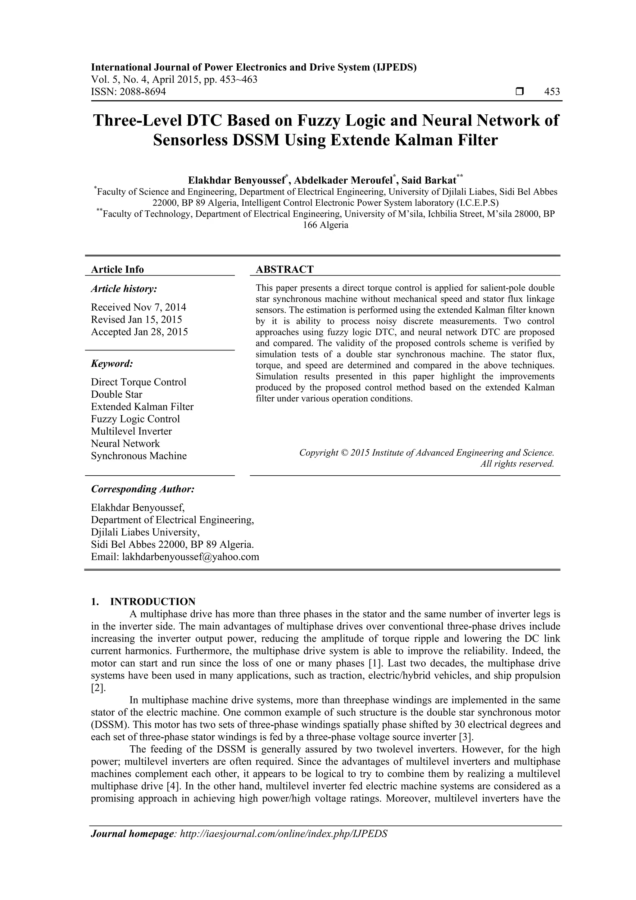 Three Level Dtc Based On Fuzzy Logic And Neural Network Of Sensorless Dssm Using Extende Kalman
