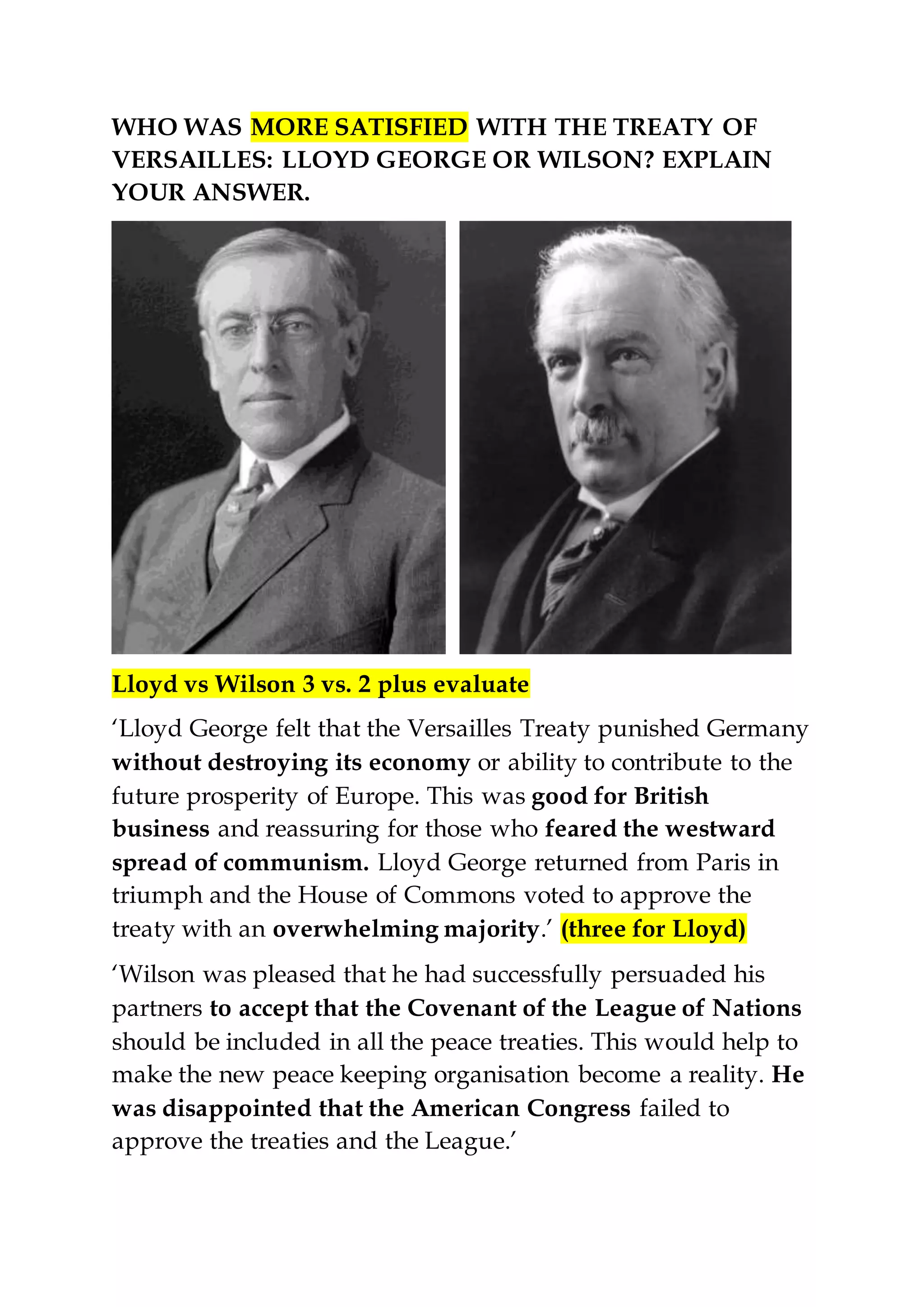 HISTORY IGCSE REVISION CARDS - 017. WHO WAS MORE SATISFIED: WILSON OR ...