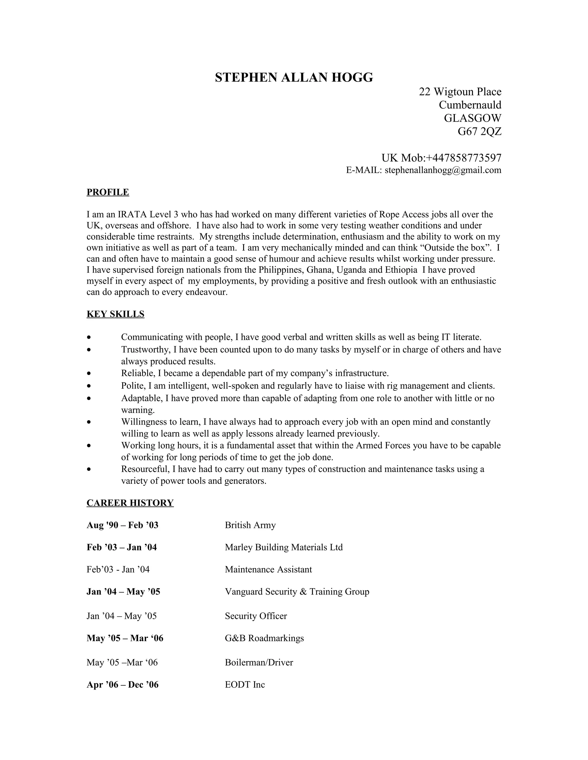 Rope Access CV UK | DOC | Career Advice | Careers