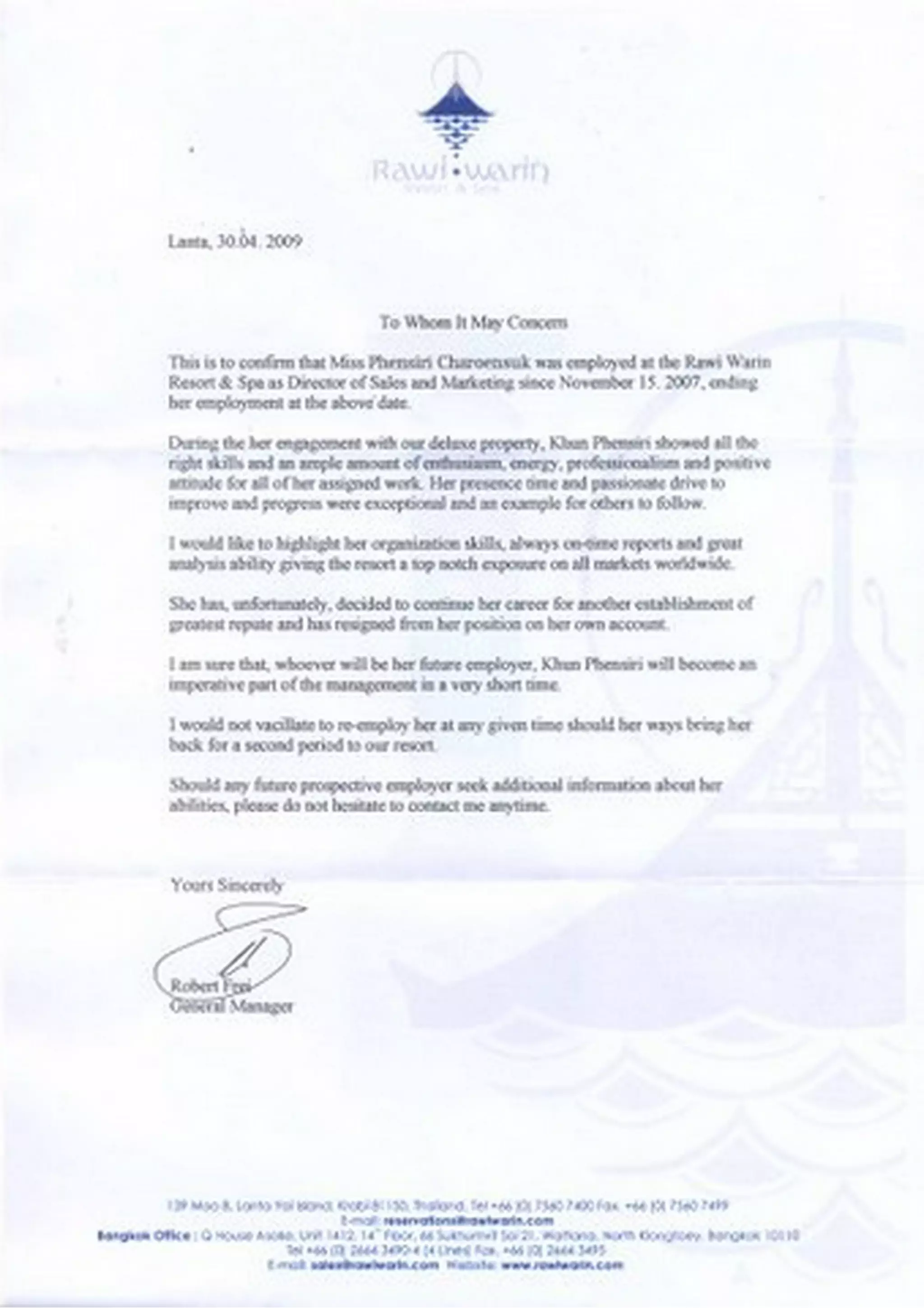 Rawi Warin Recommendation Letter Original | PDF