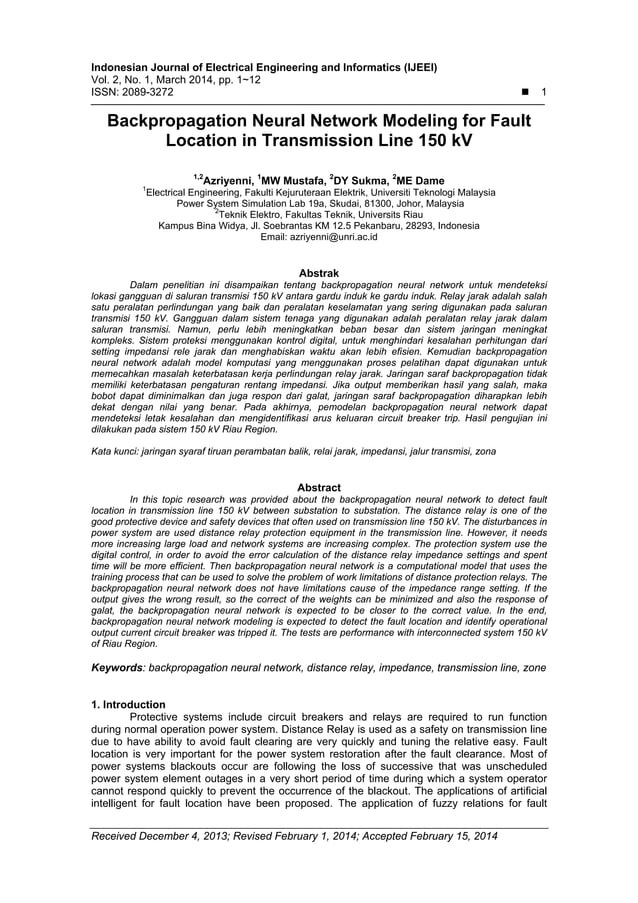 Backpropagation Neural Network Modeling for Fault Location in Transmission Line 150 kV | PDF