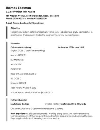Thomas Boatman CV August 2015 | DOCX | Food & Drink