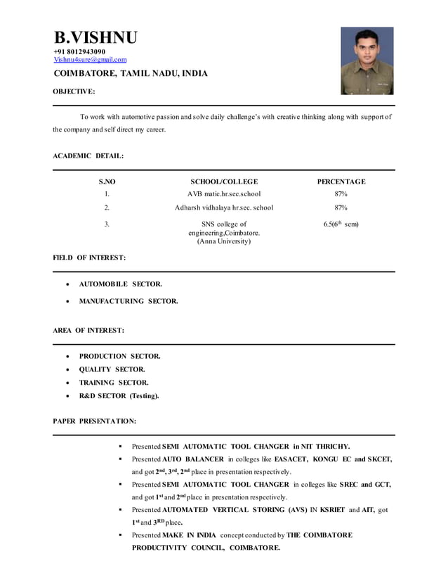 B.vishnu resume | DOCX | Automotive Industry | Industries