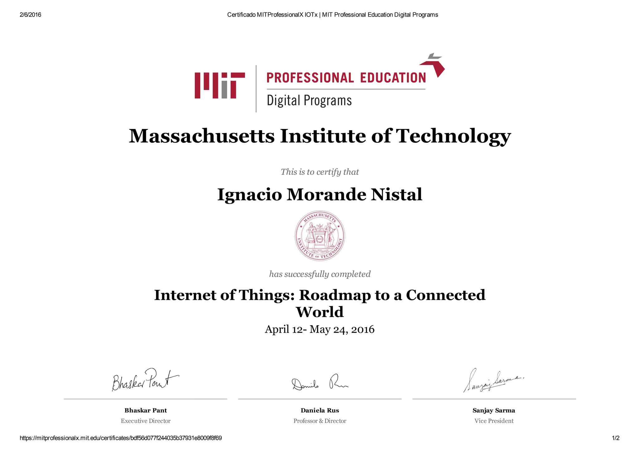 Certificado MITProfessionalX IOTx _ MIT Professional Education Digital ...