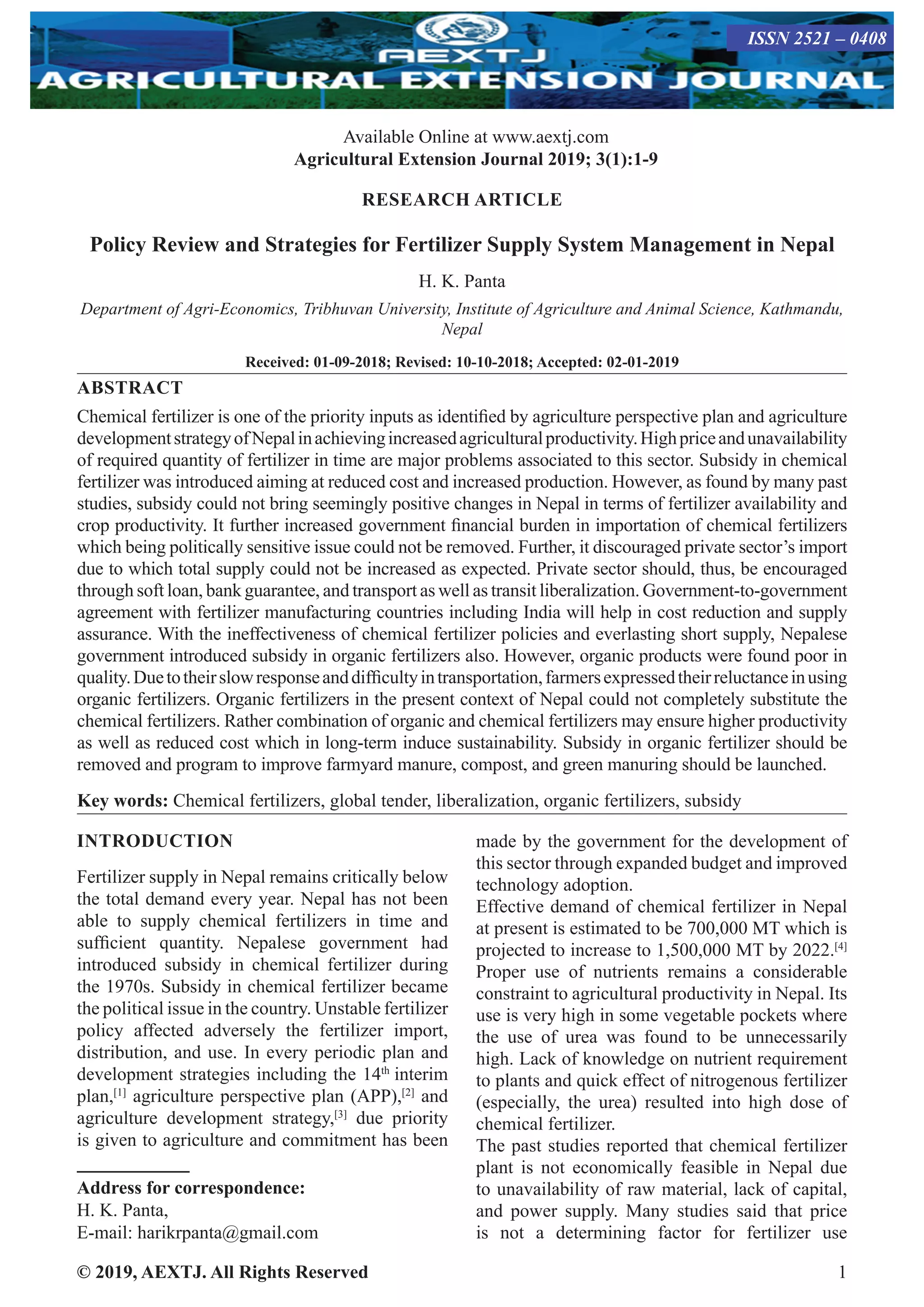 Policy Review and Strategies for Fertilizer Supply System Management in ...