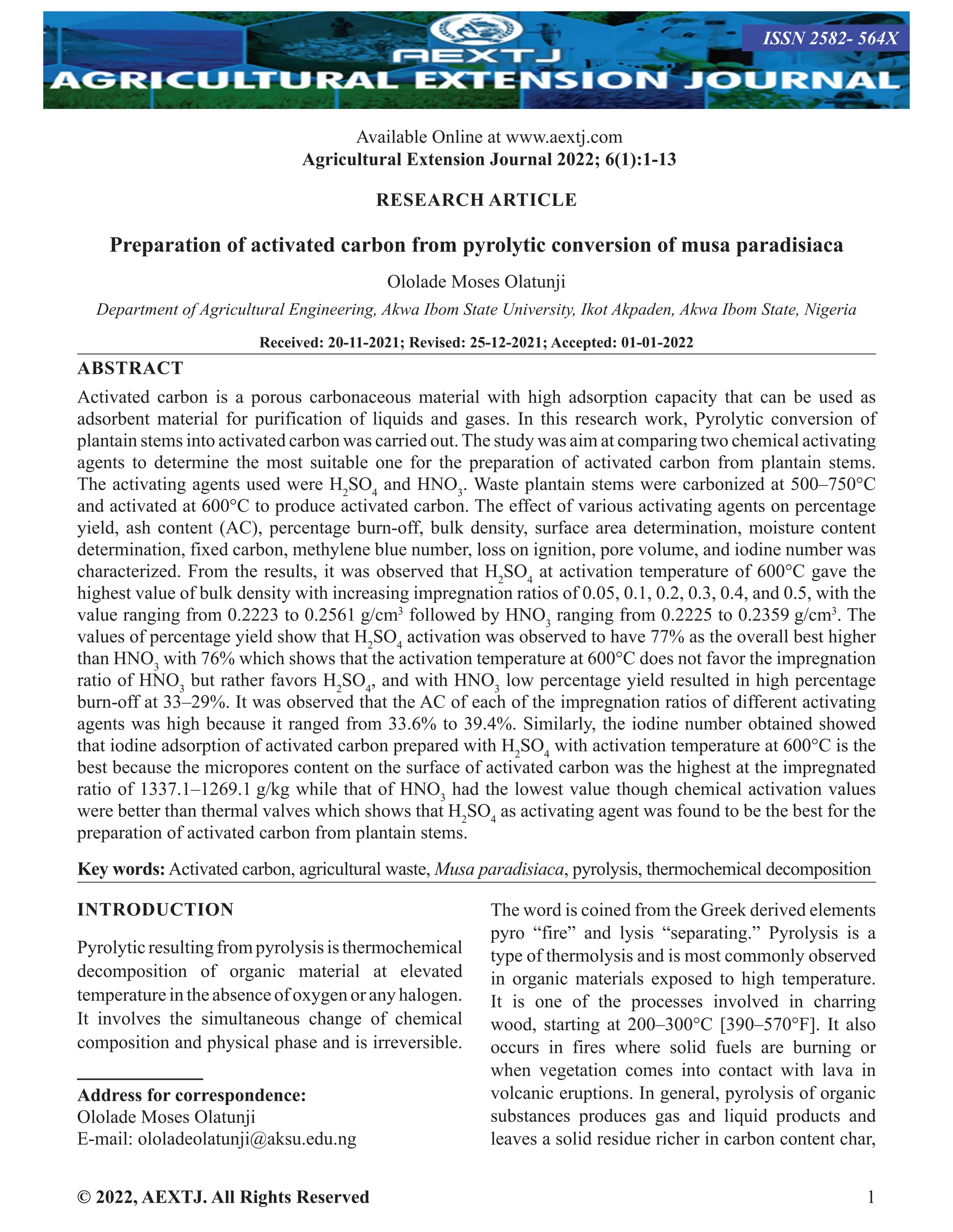 Preparation of activated carbon from pyrolytic conversion of musa ...