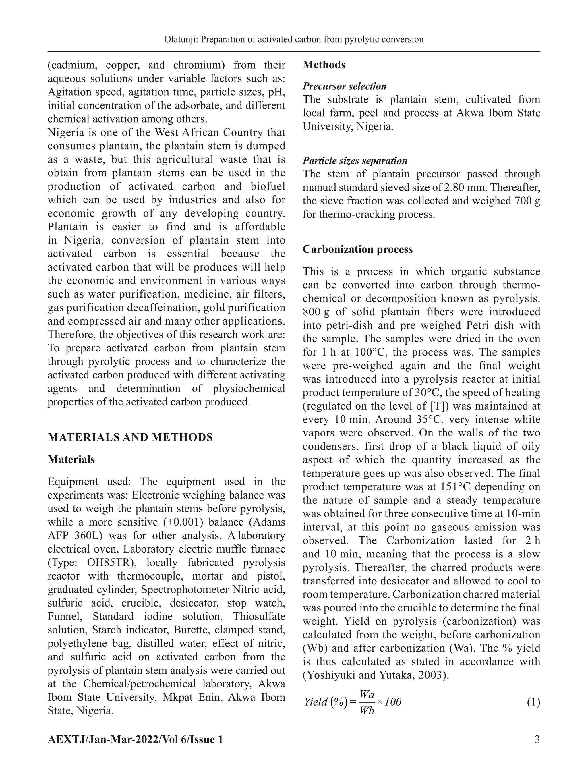 Preparation of activated carbon from pyrolytic conversion of musa ...
