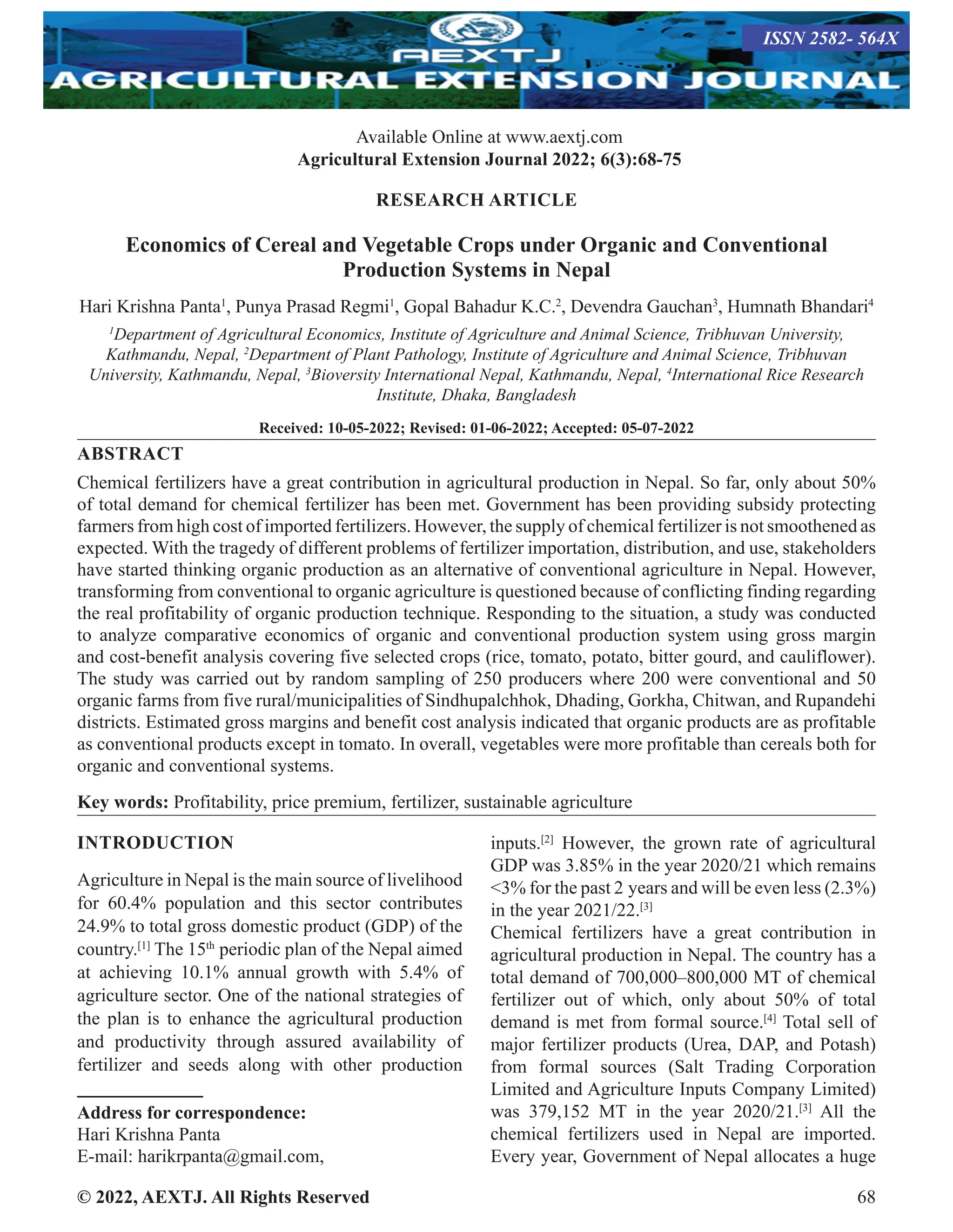 Economics of Cereal and Vegetable Crops under Organic and Conventional ...