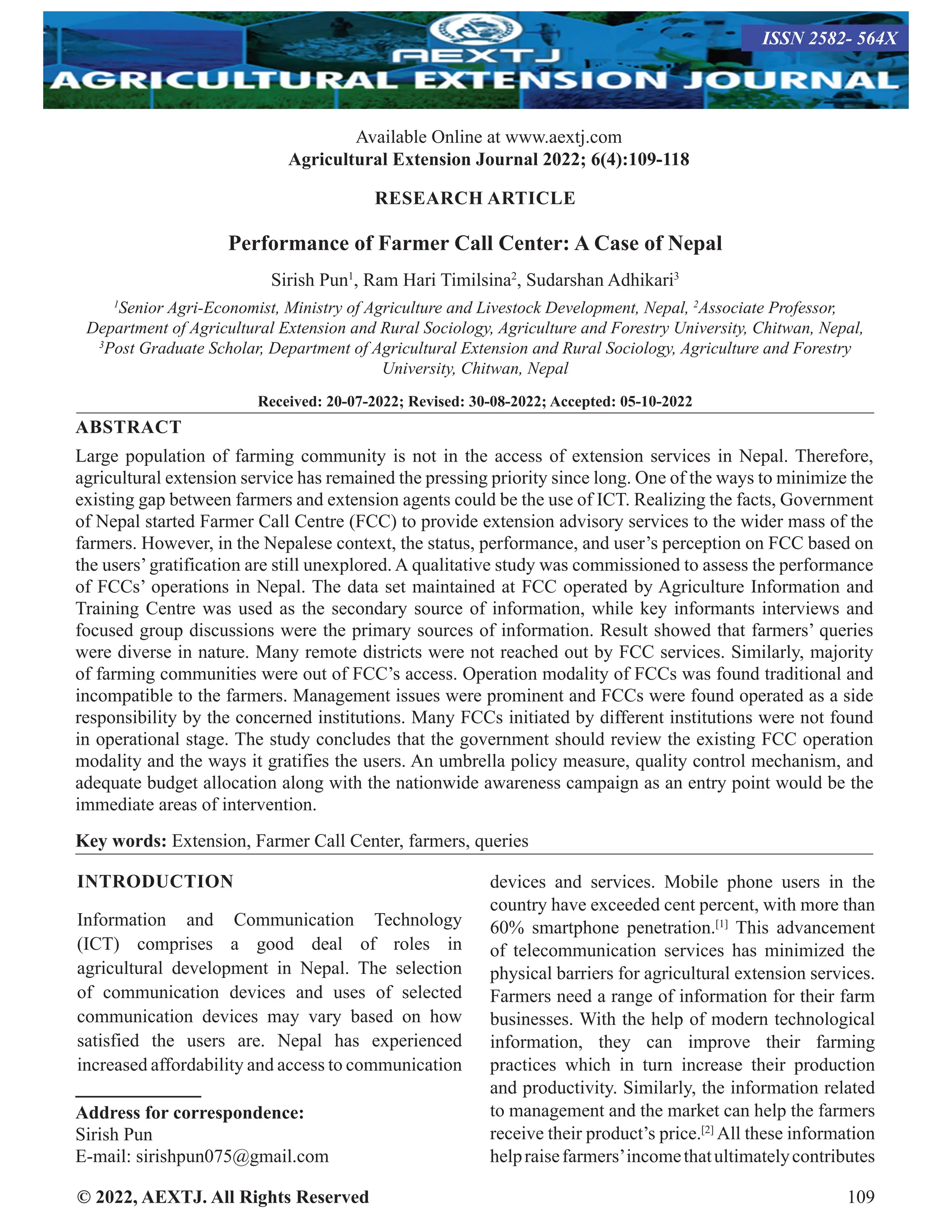 Performance of Farmer Call Center: A Case of Nepal | PDF