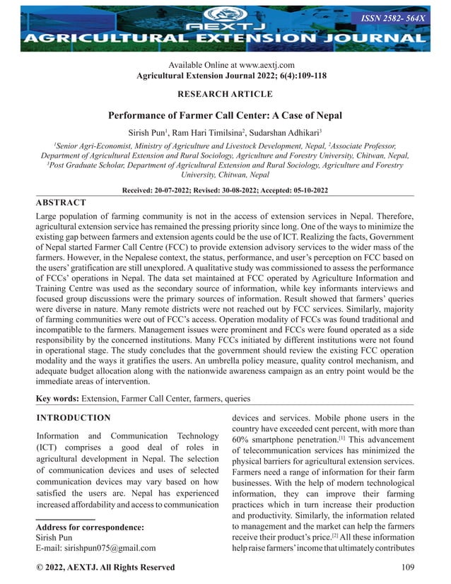 Performance of Farmer Call Center: A Case of Nepal | PDF | Agriculture ...