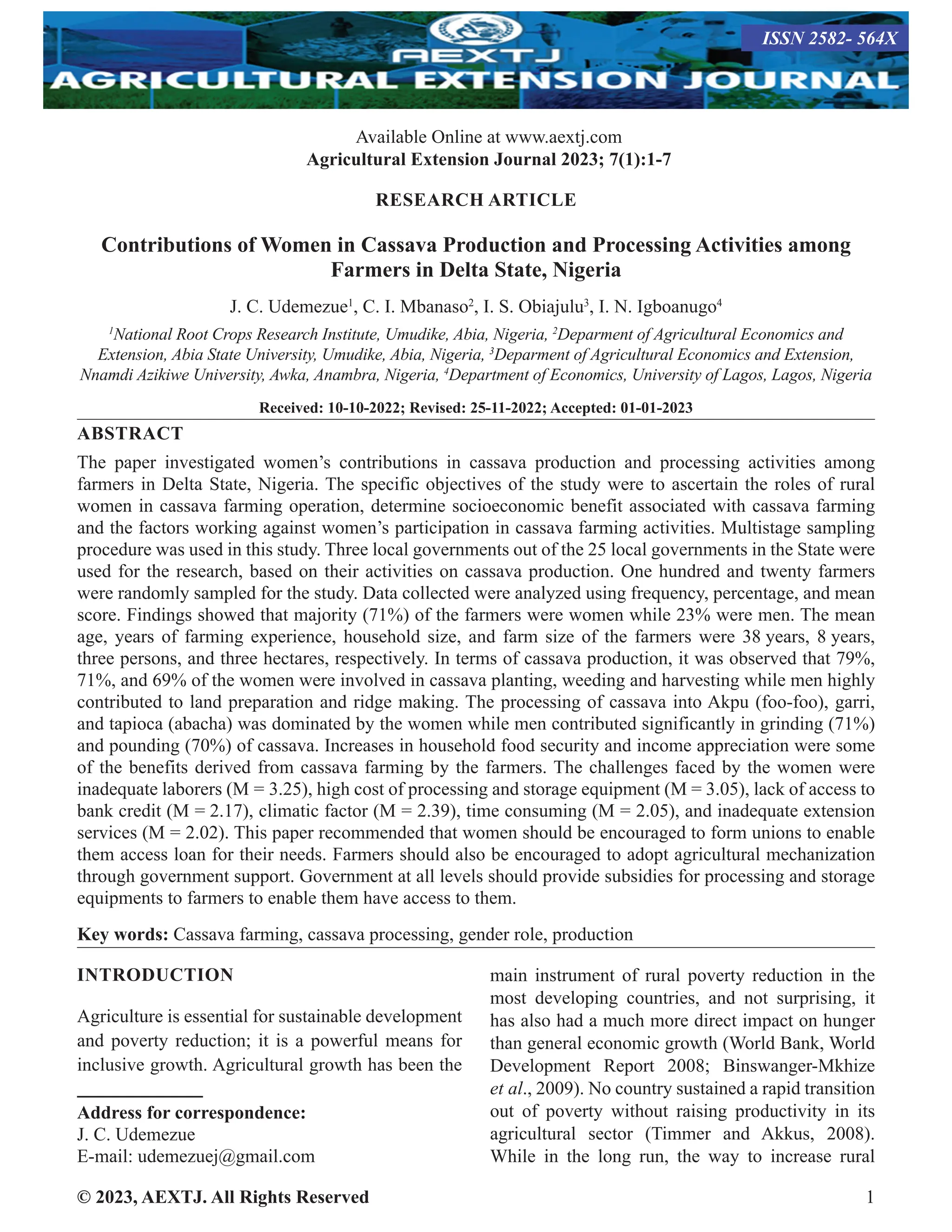 Contributions of Women in Cassava Production and Processing Activities ...
