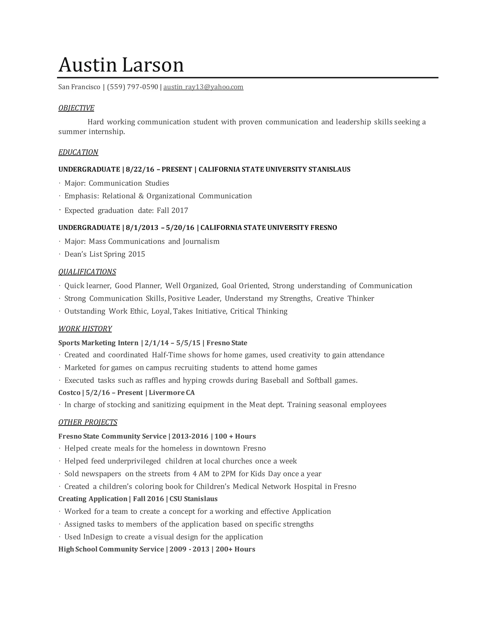 Austin Larson Resume 2017 | DOCX | Undergraduate Education | College Education