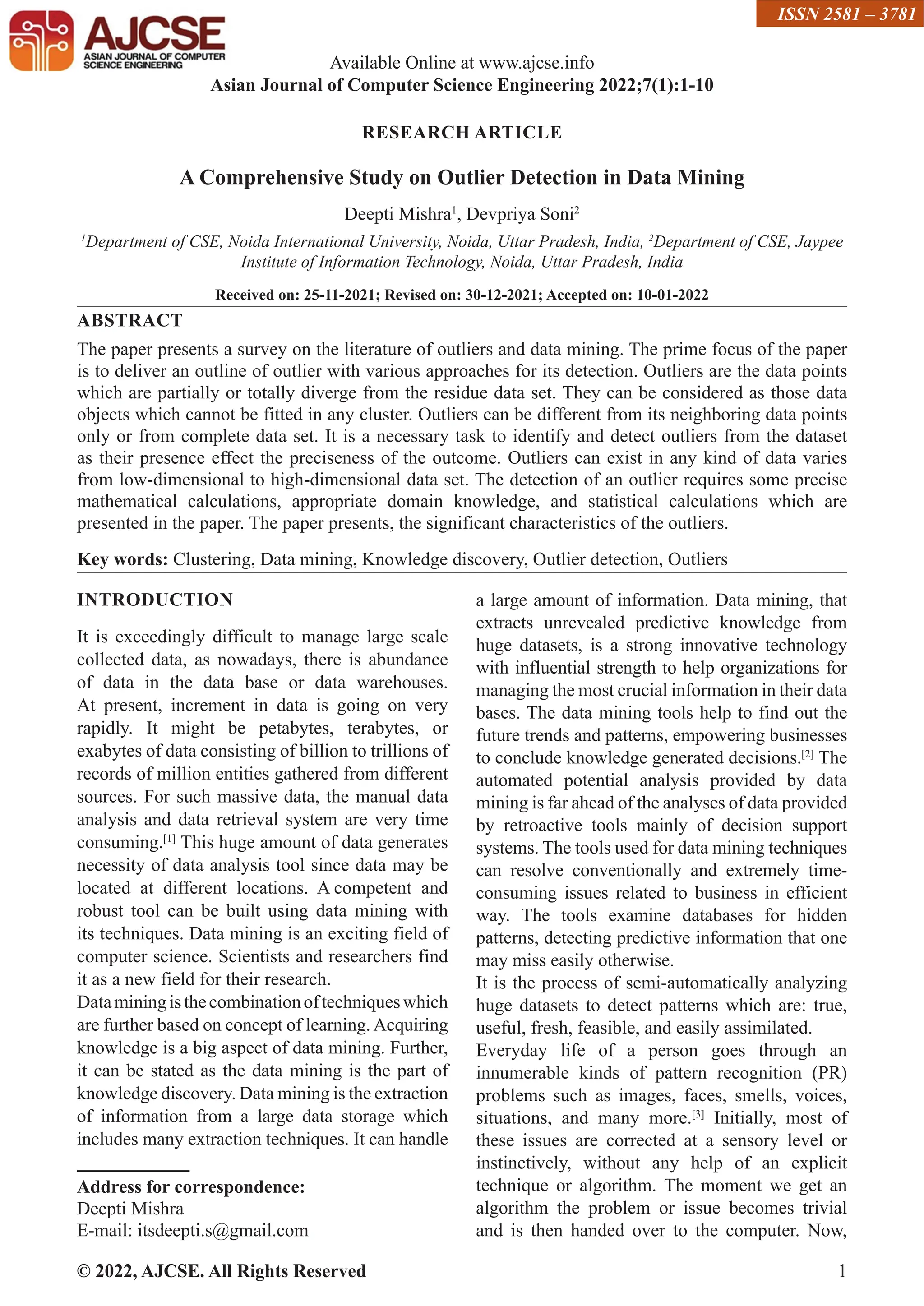 A Comprehensive Study on Outlier Detection in Data Mining | PDF