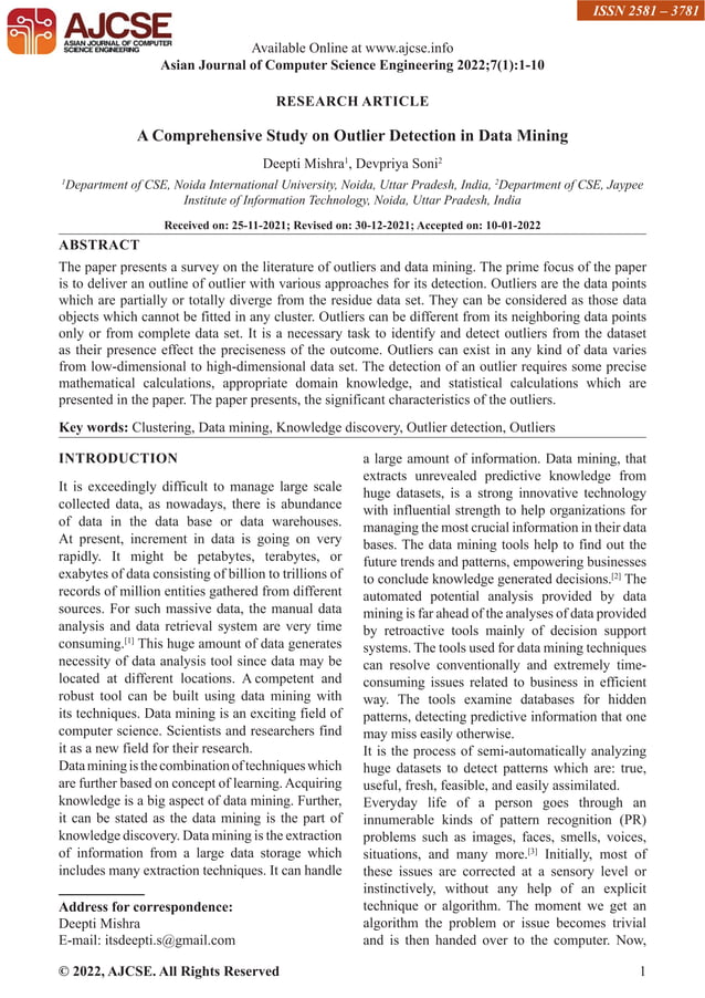 A Comprehensive Study on Outlier Detection in Data Mining | PDF