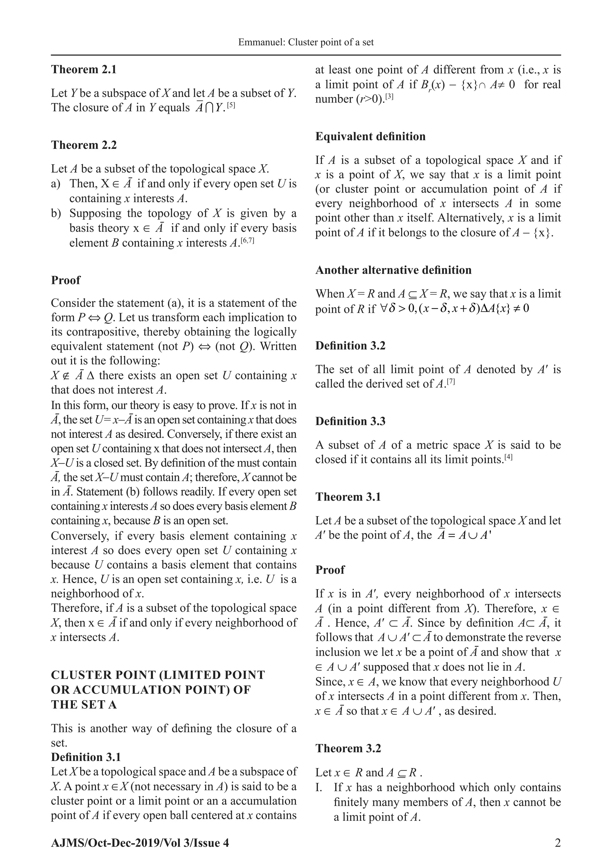 On Review of the Cluster Point of a Set in a Topological Space | PDF ...