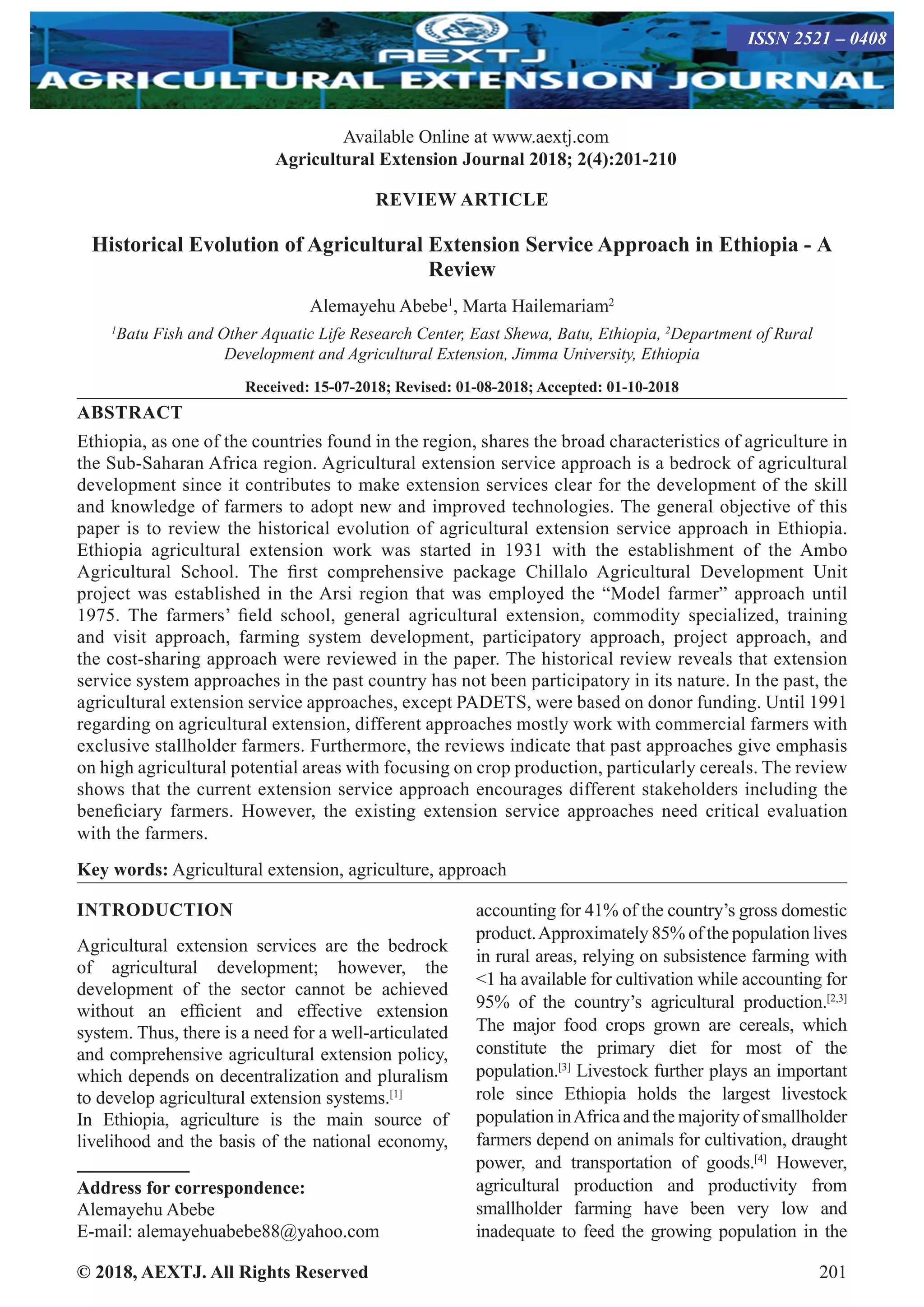 Historical Evolution of Agricultural Extension Service Approach in ...