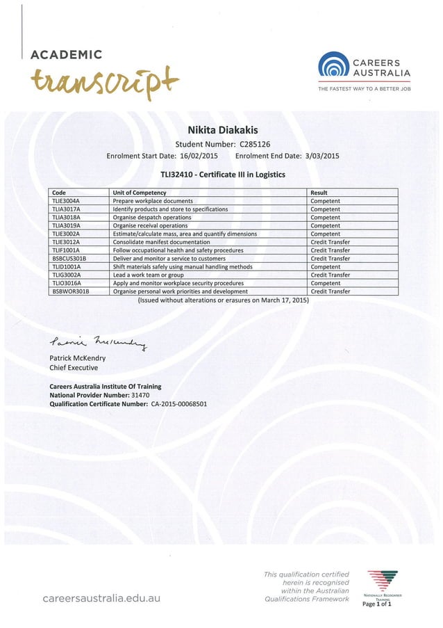 Transcript for Cert III Logistics | PDF