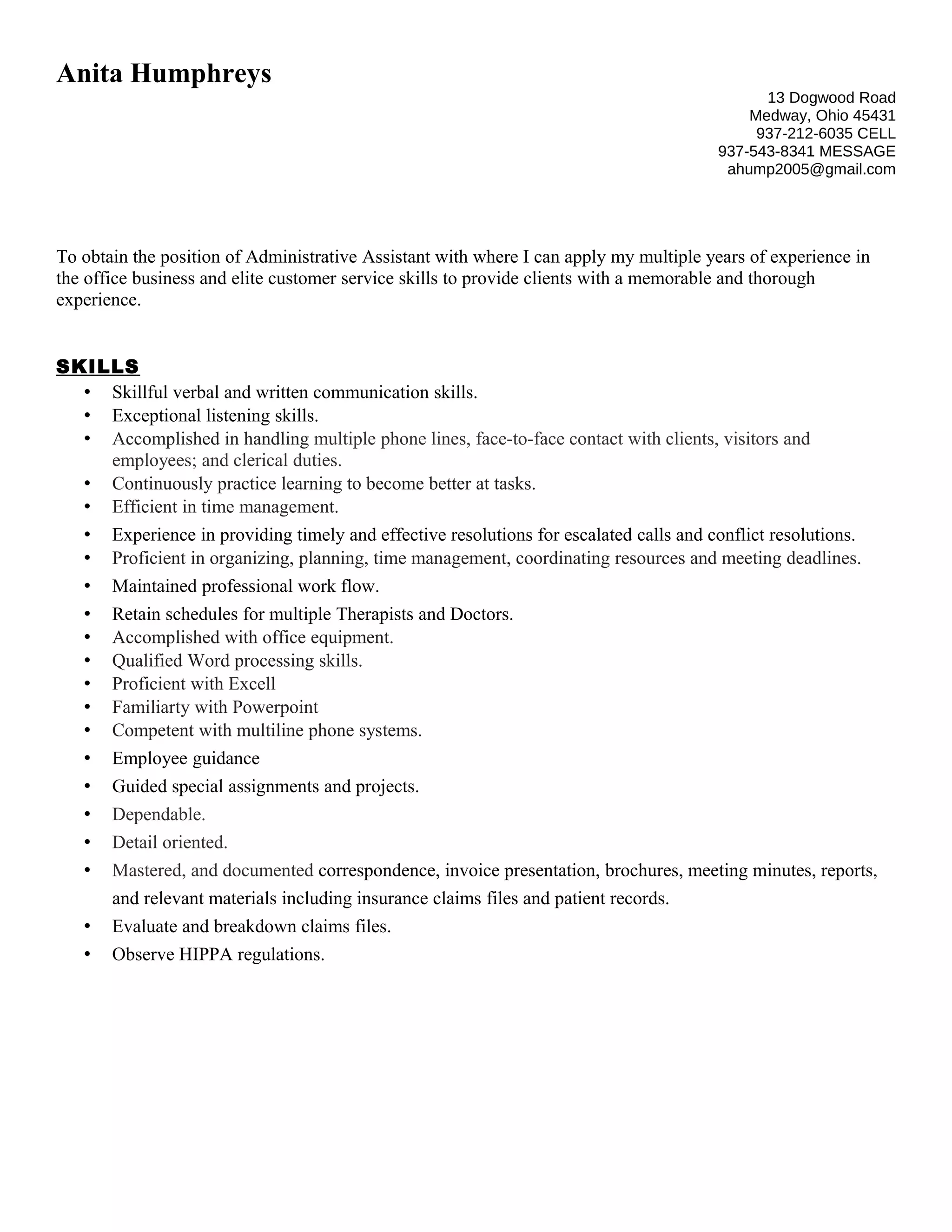 Humphreys, Anita Resume 8.16