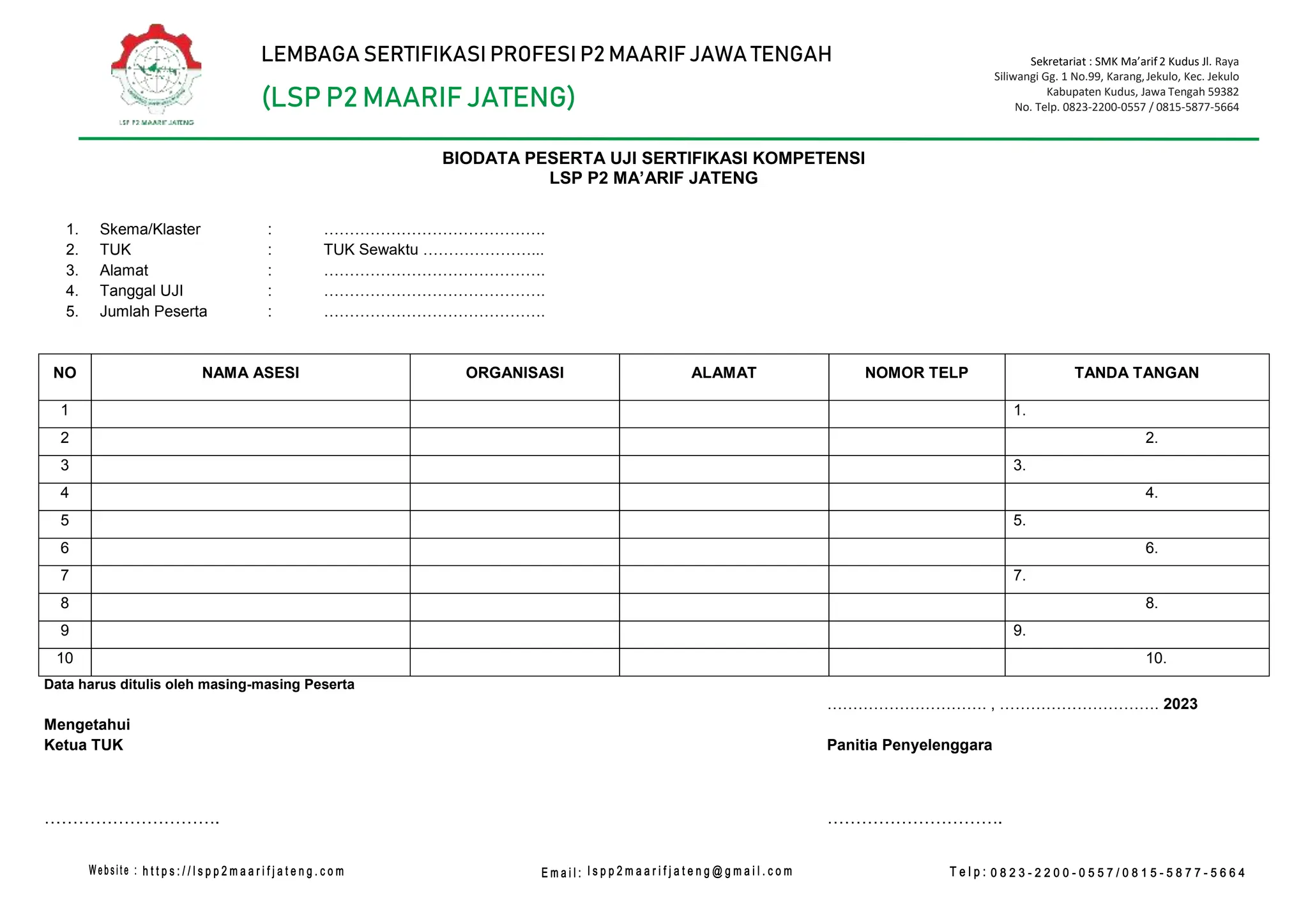 Biodata Peserta Ujian LSP Maarif Jateng.doc