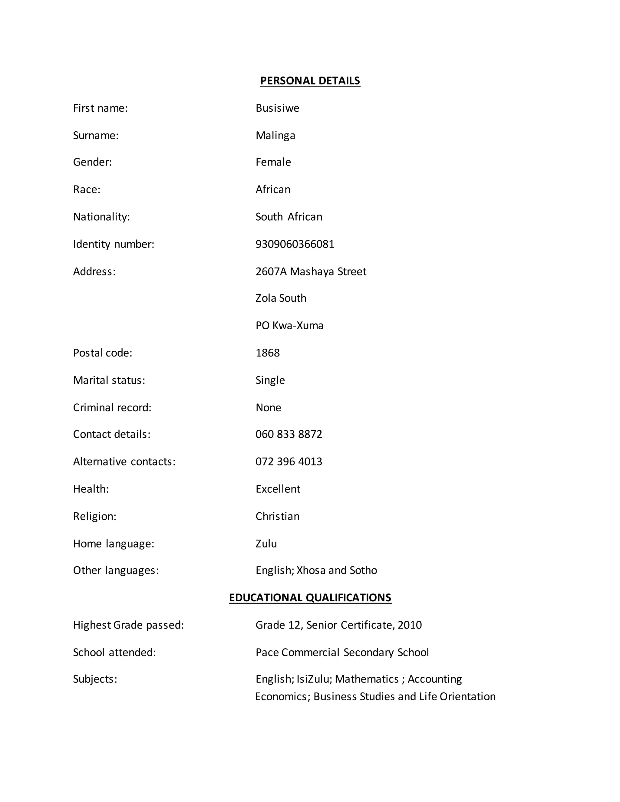 CURRICULUM VITAE OF BUSISIWE DC | DOCX