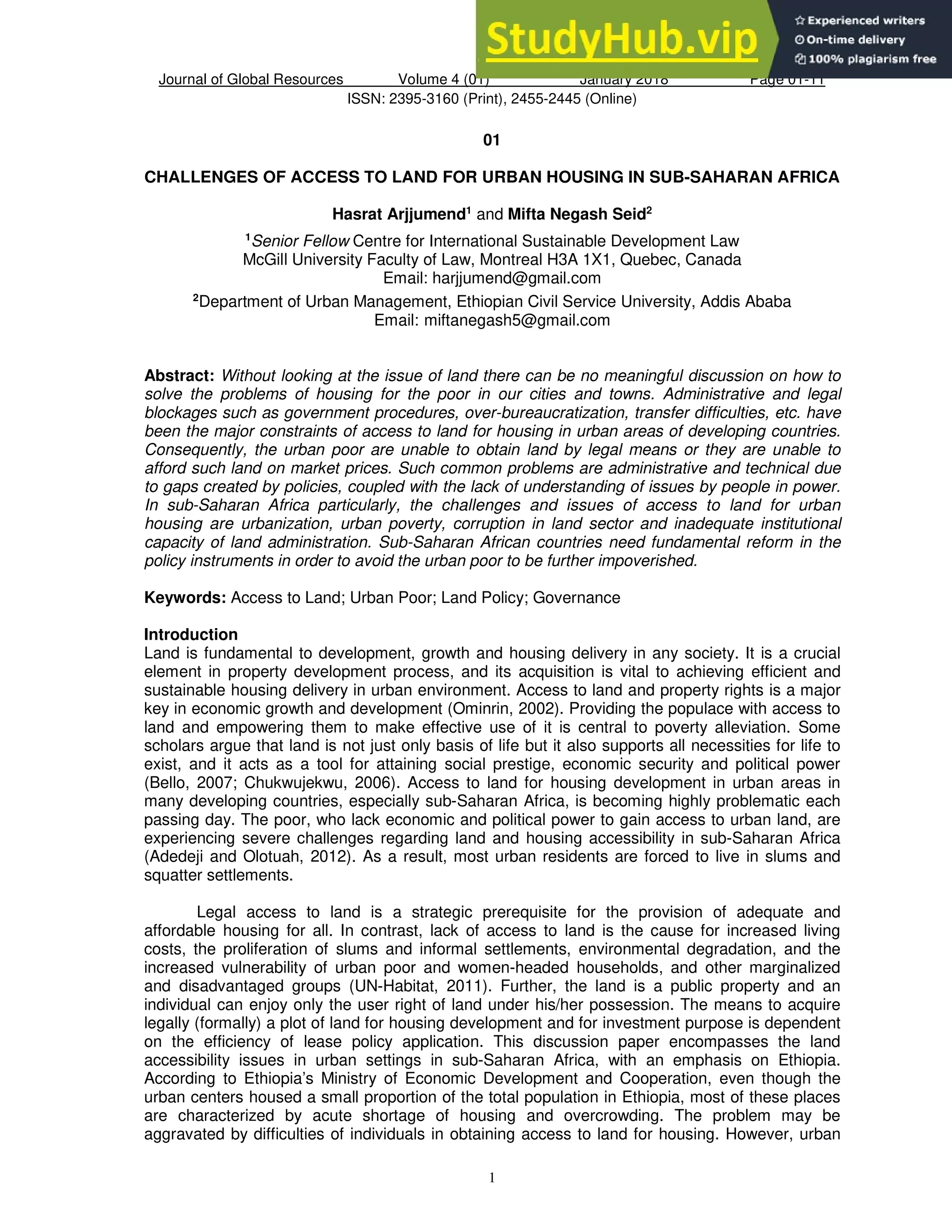 01 CHALLENGES OF ACCESS TO LAND FOR URBAN HOUSING IN SUB-SAHARAN AFRICA ...