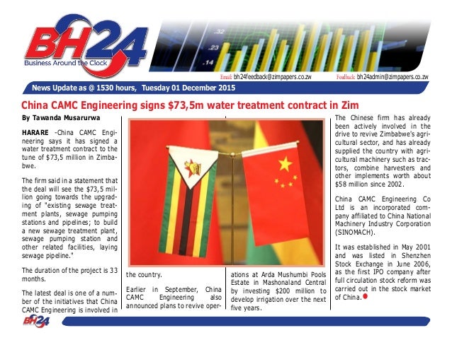 China CAMC Engineering signs $73,5m water treatment contract in Zim