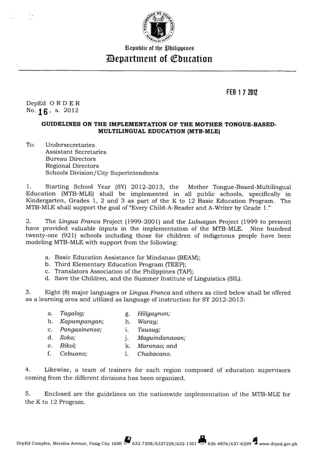 01 do s2012 16 guidelines on implementation of mtb-mle | PDF