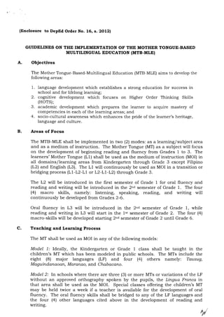 01 do s2012 16 guidelines on implementation of mtb-mle | PDF