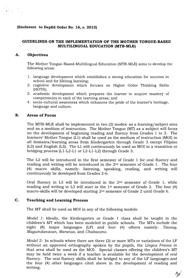 01 do s2012 16 guidelines on implementation of mtb-mle | PDF