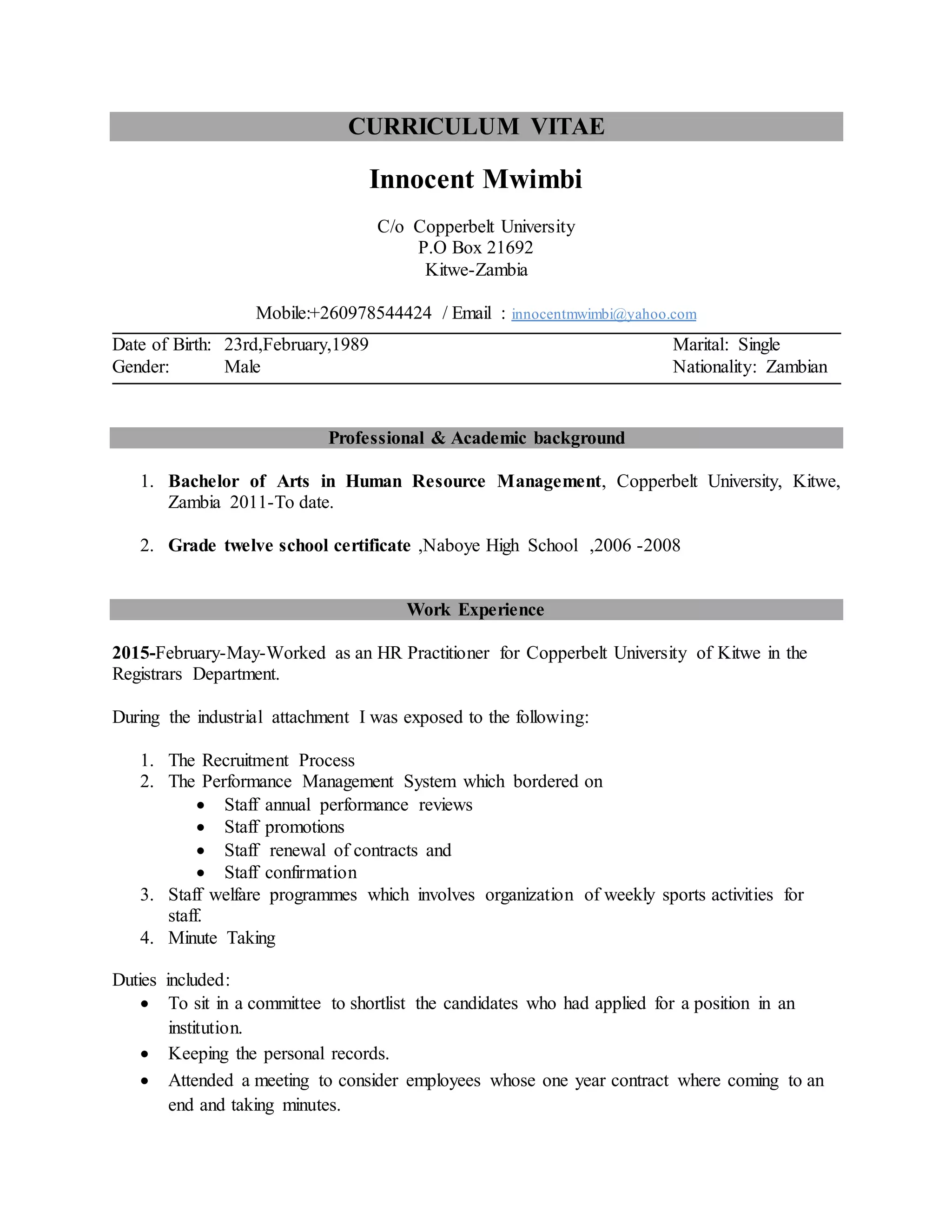 MADA MWIMBI CV | DOCX