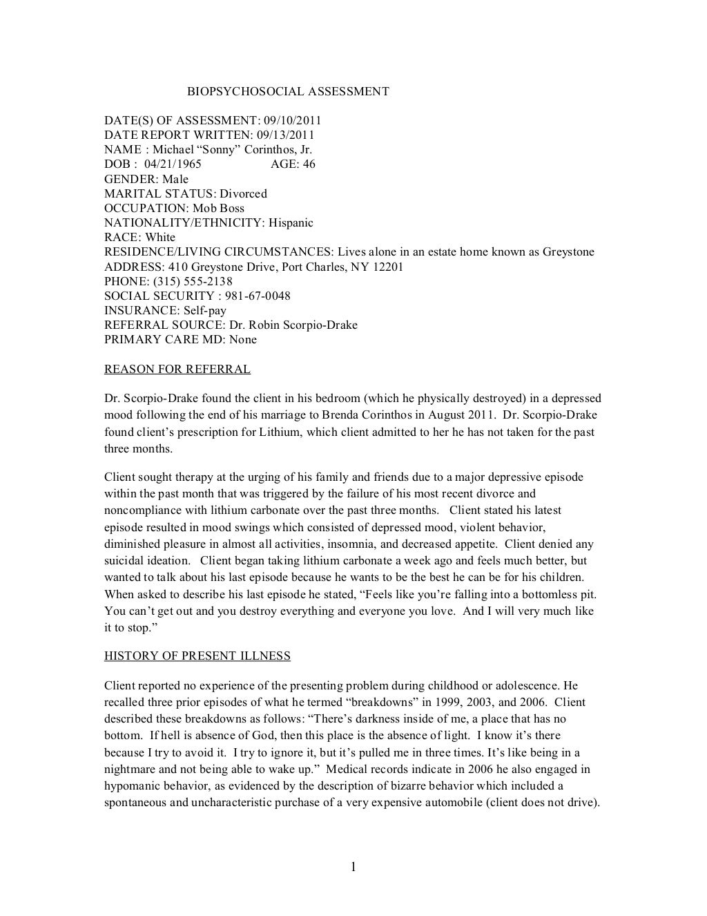 Biopsychosocial Assessment Biopsychosocial Assessment