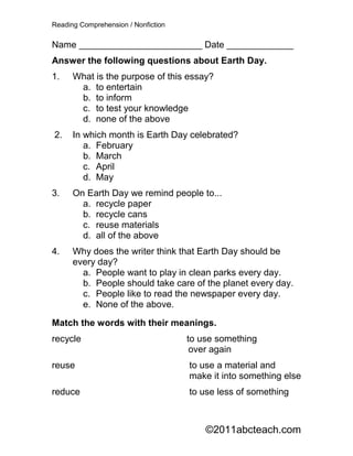 Earth Day Comprehension Worksheets