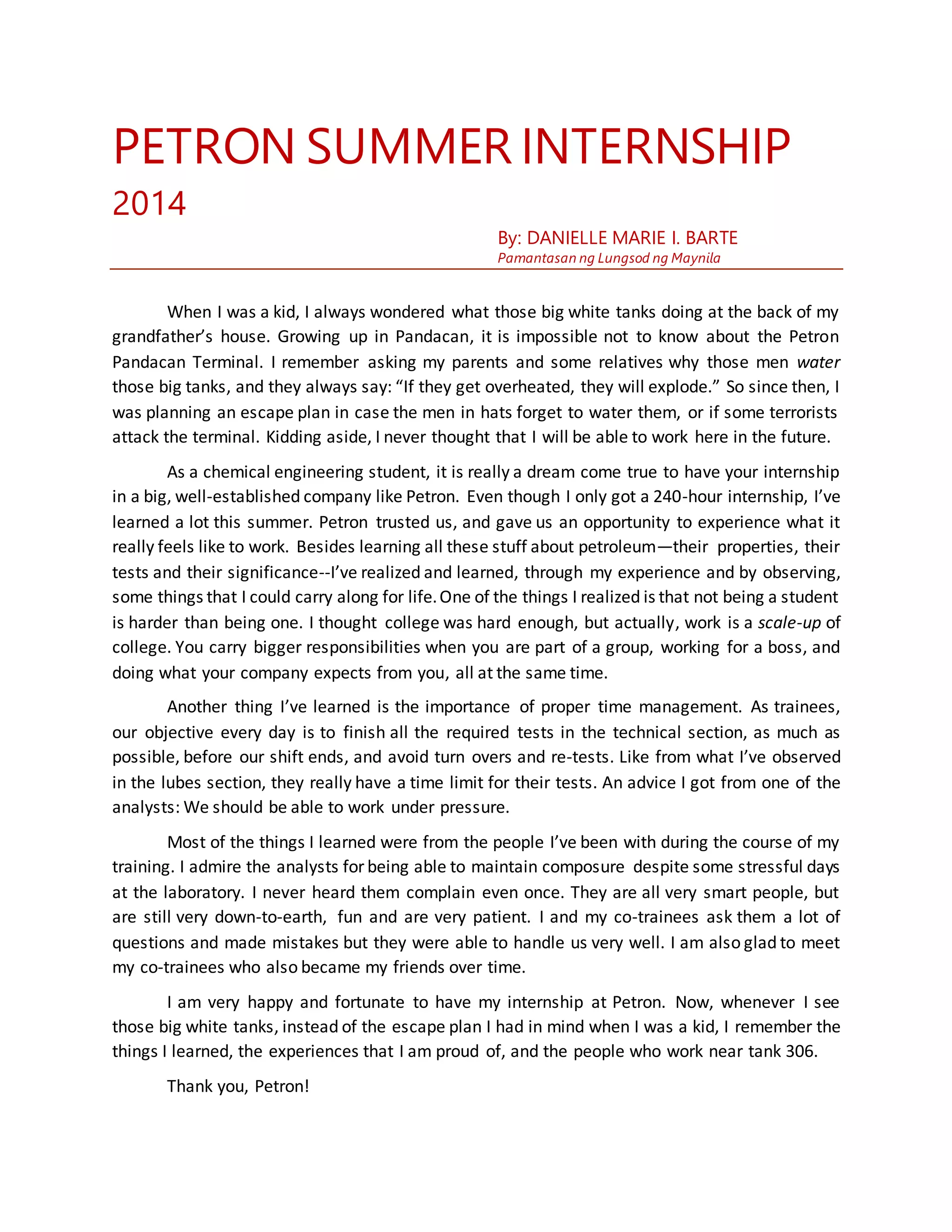 Petron Summer Internship 2014 | PDF