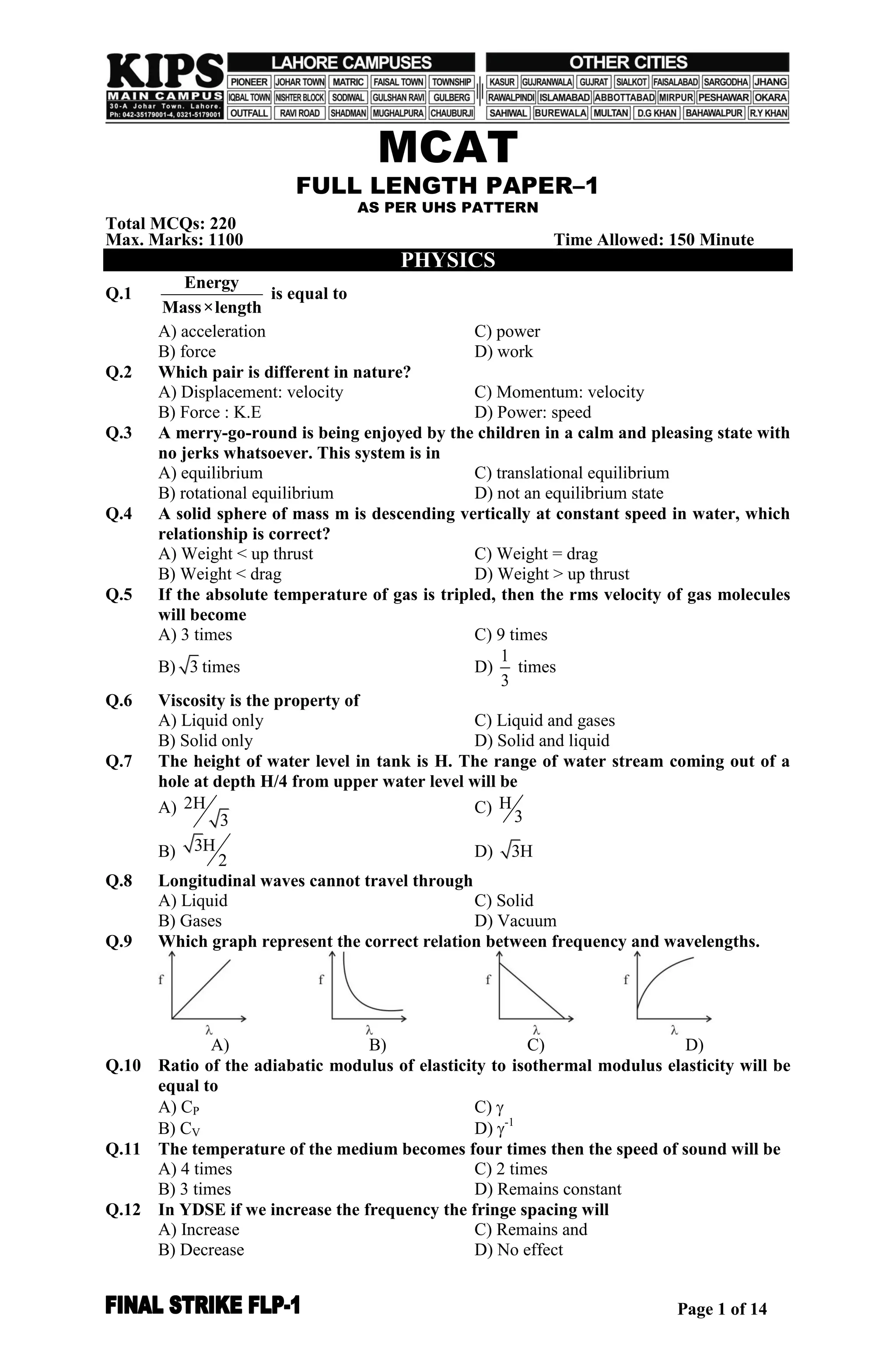 MCAT Full length paper 1 (student copy) | PDF | Physics | Science