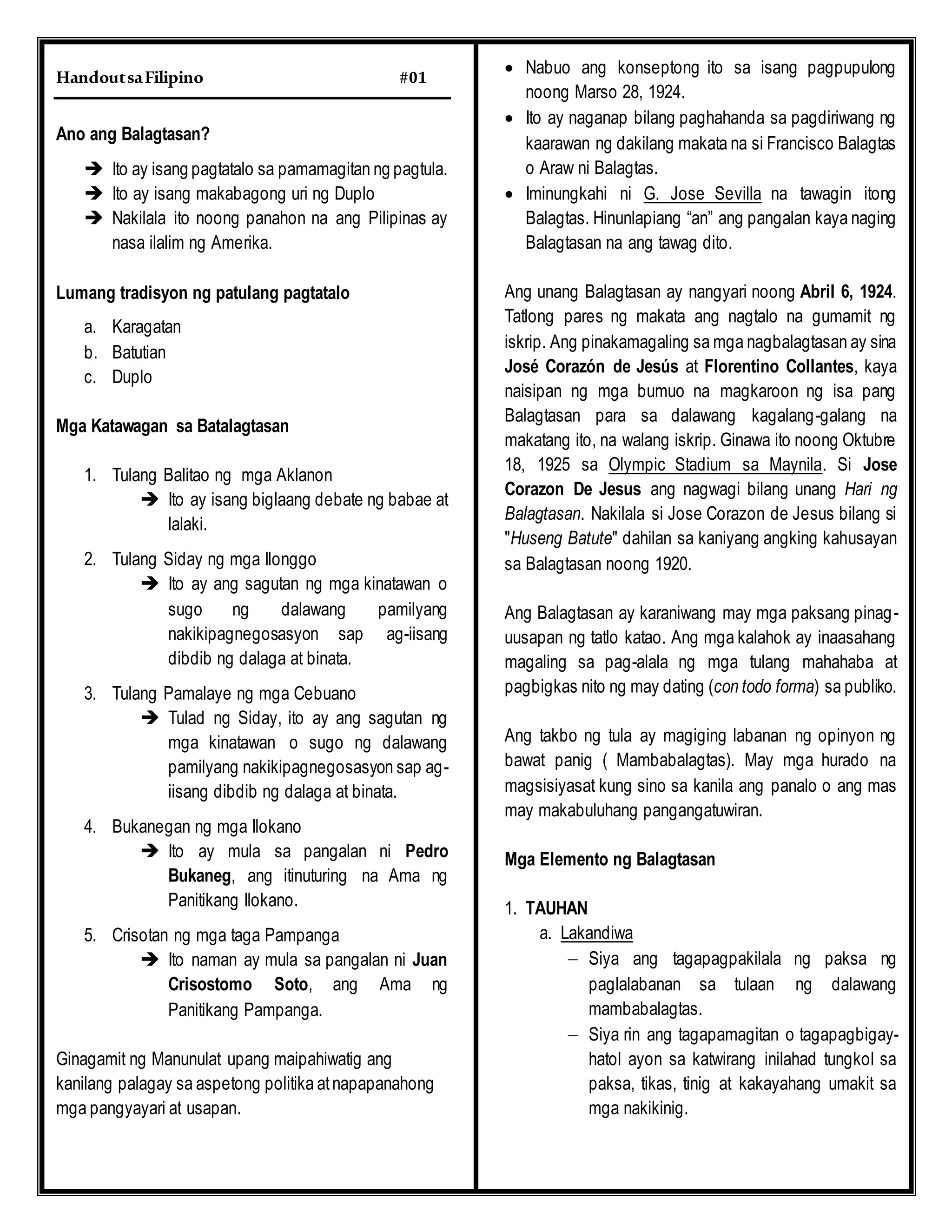 01 handout sa filipino - balagtasan | DOCX